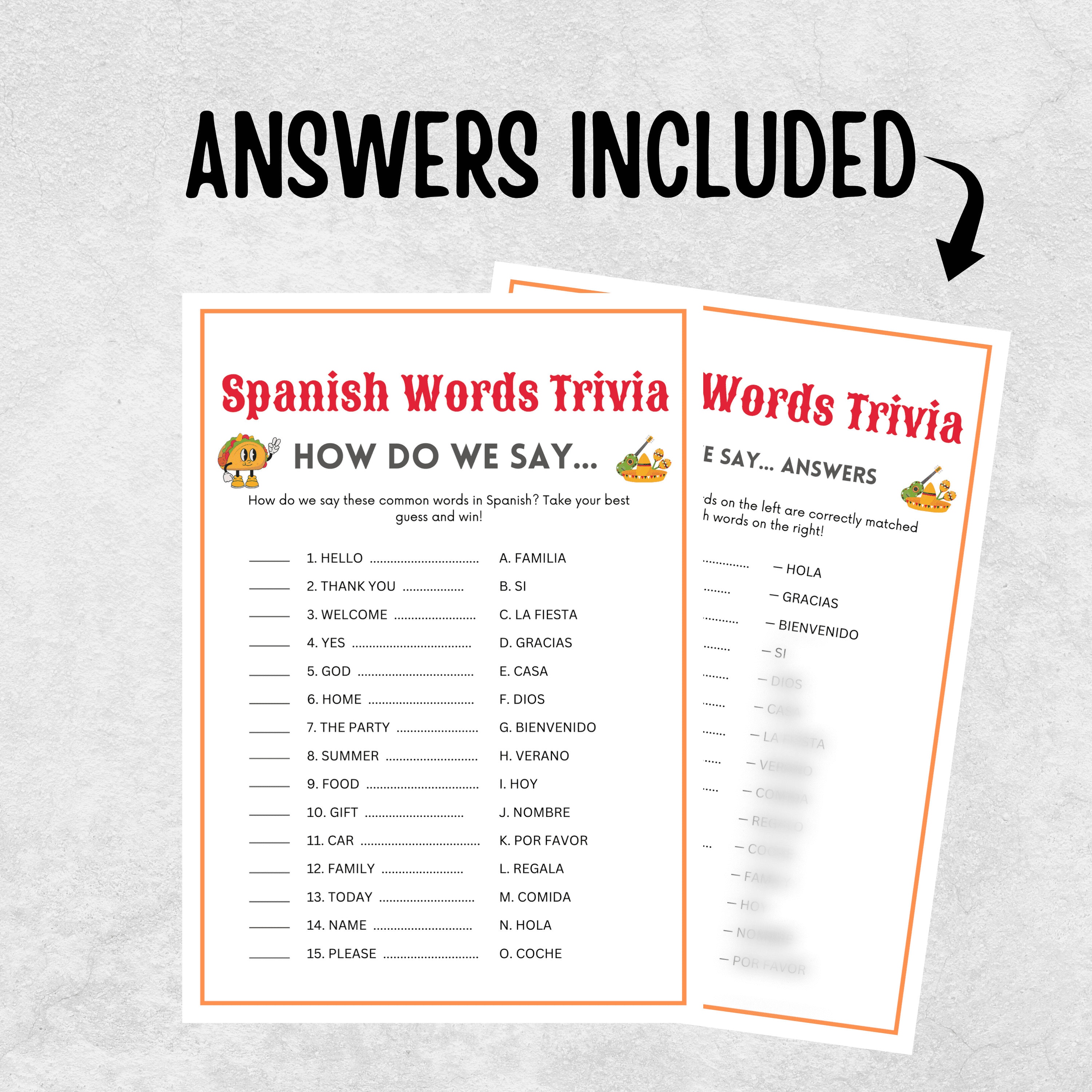 Spanish Word Trivia, Party Games for Classroom, Kids, Seniors, Office ...