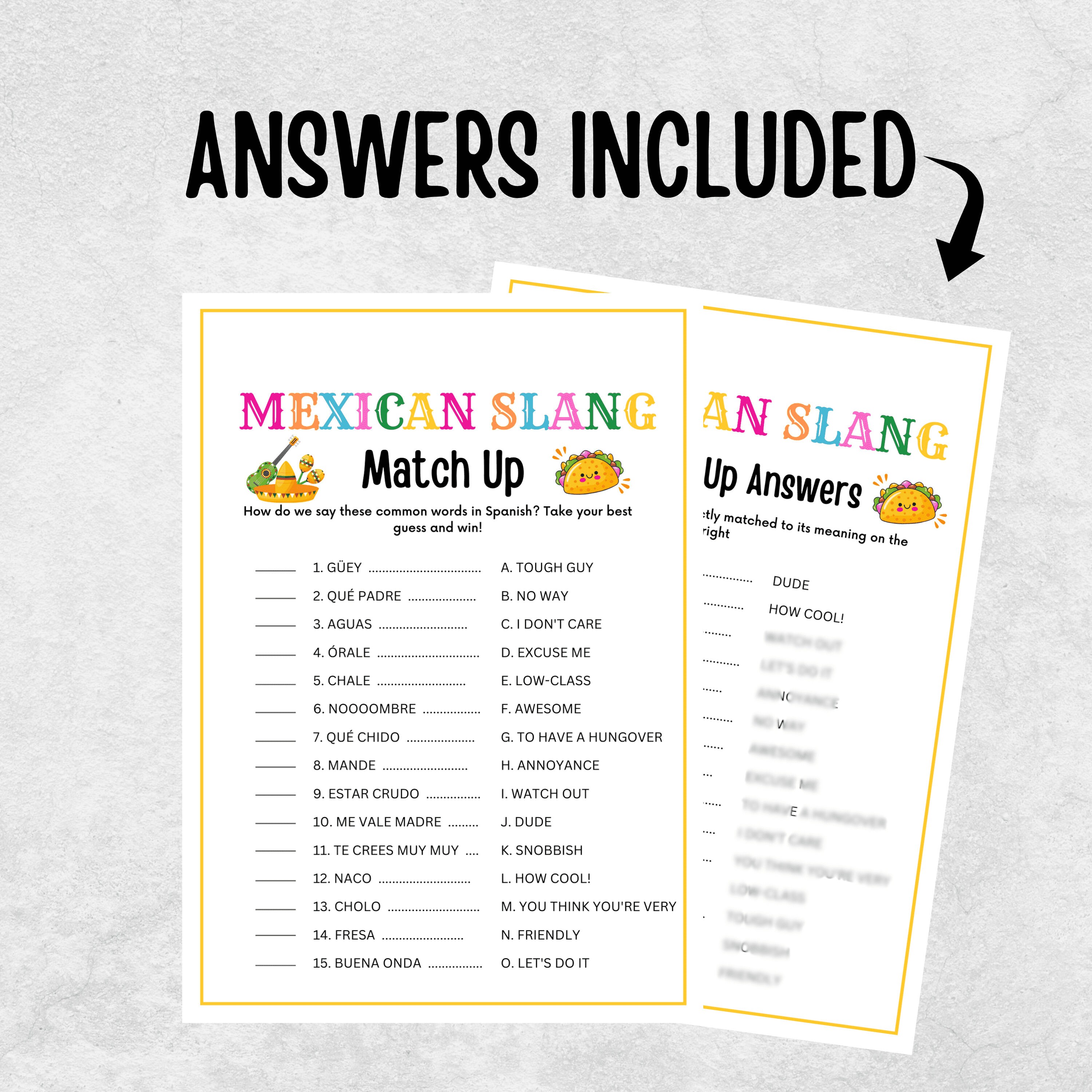 Mexican Slang, Trivia Match Up, Taco Games, Taco Tuesday Games, Fiesta ...