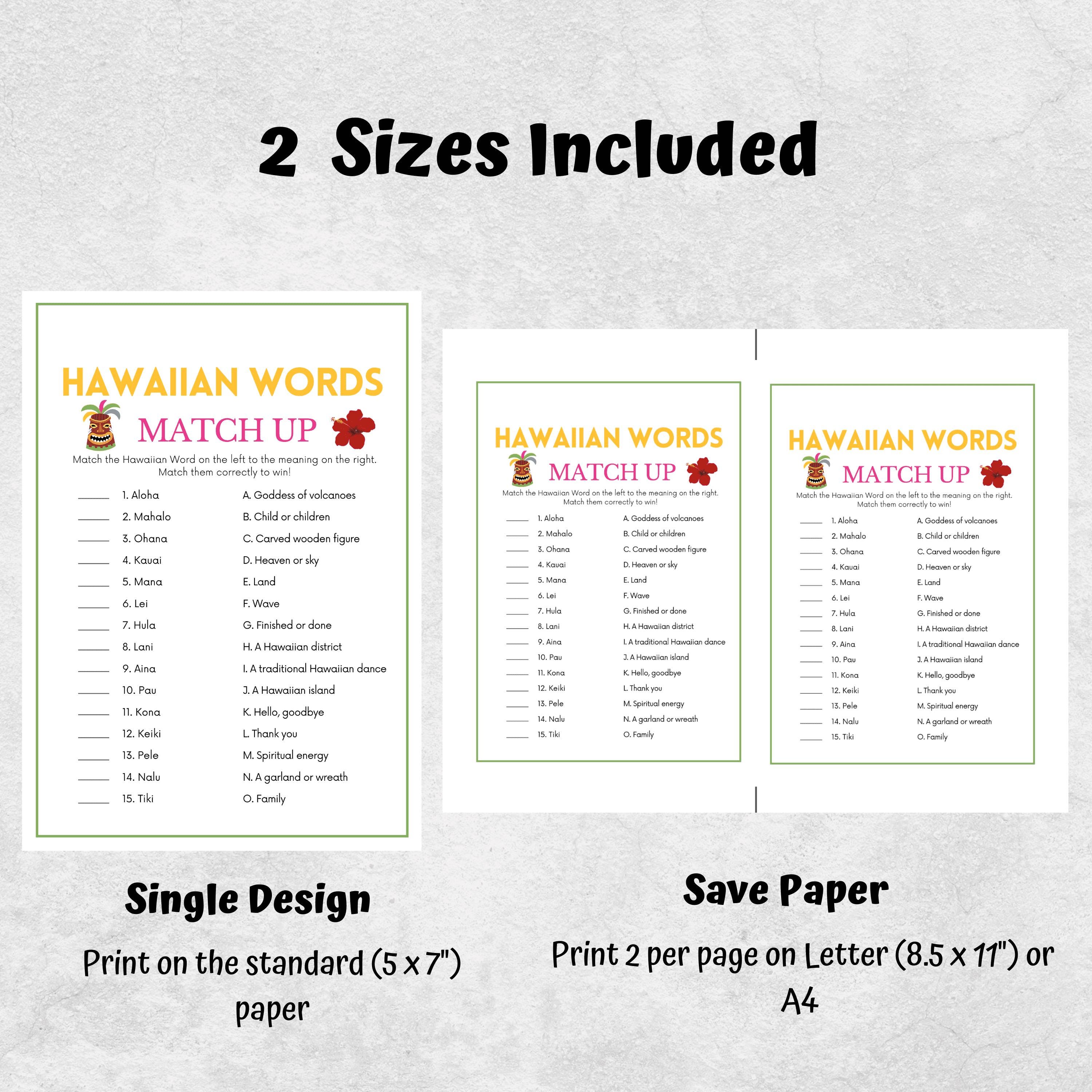 Hawaiian Word Match Up, Hawaii Trivia, Luau Party Games, Aloha Party ...