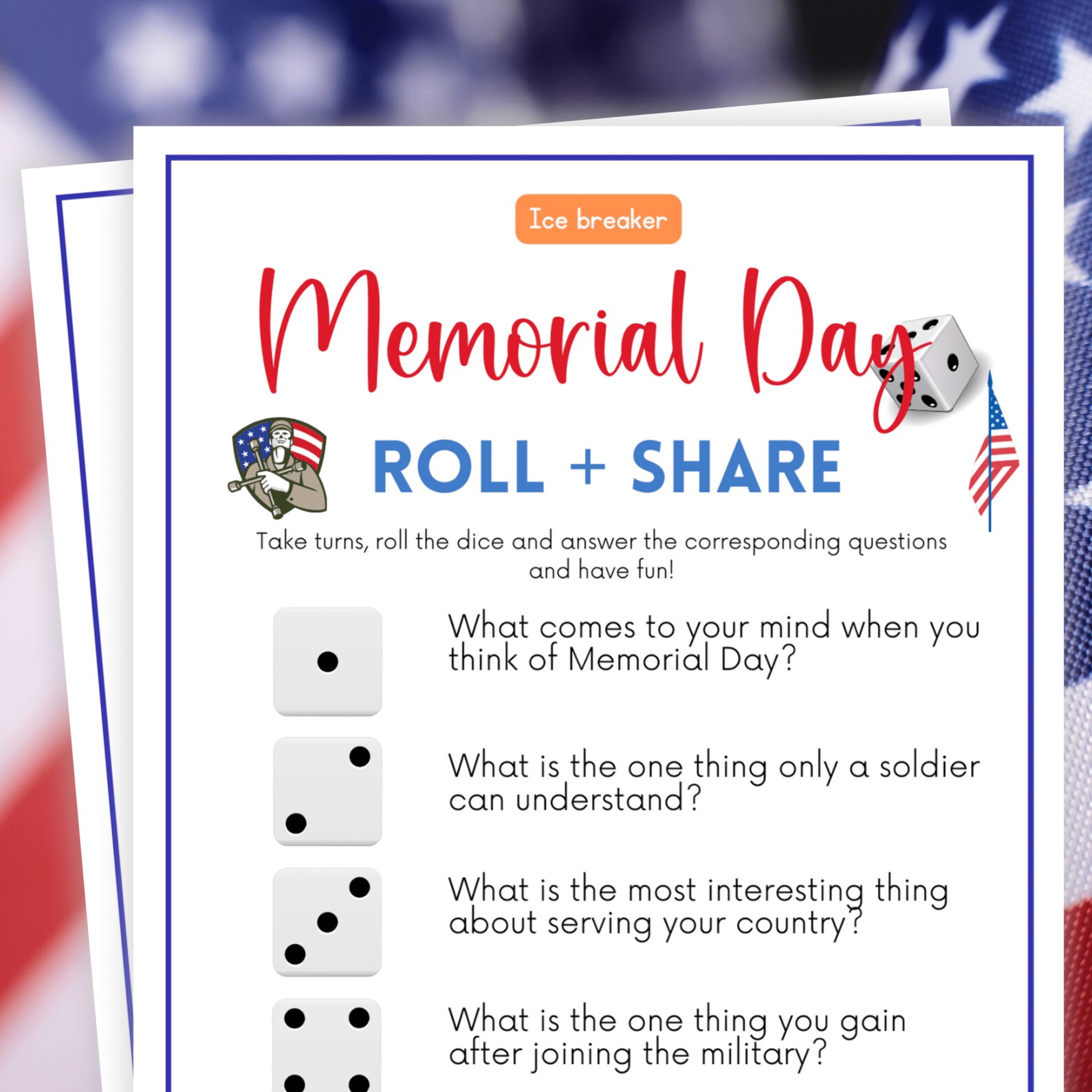 Memorial Day Games, Roll the Dice, Roll and Share Dice, Memorial Day Party Game for Kids ...