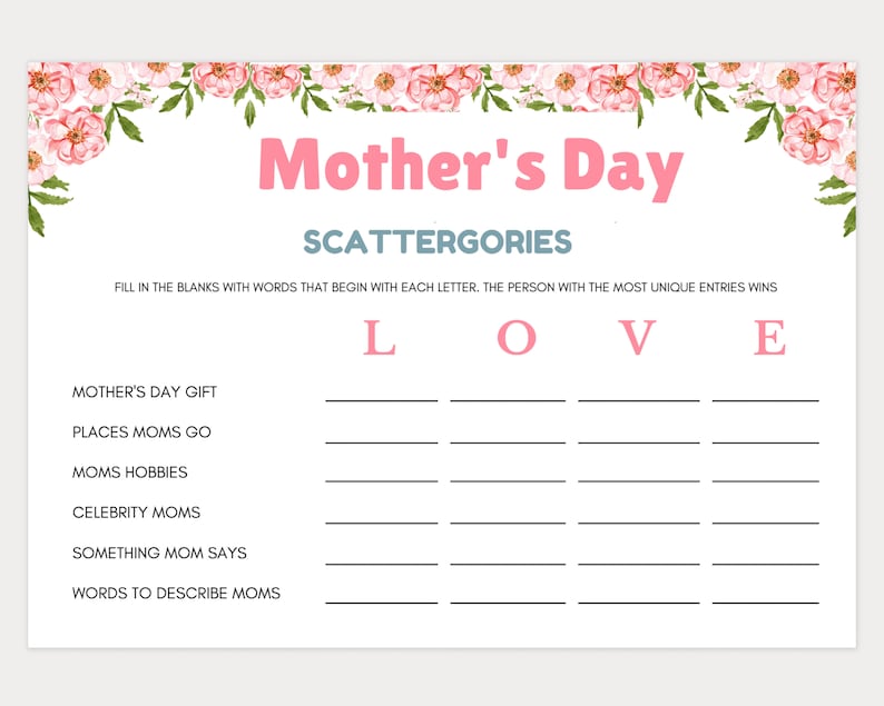 Mothers Day Games, Scattergories, Mother's Day Party Games, Mothers Day ...