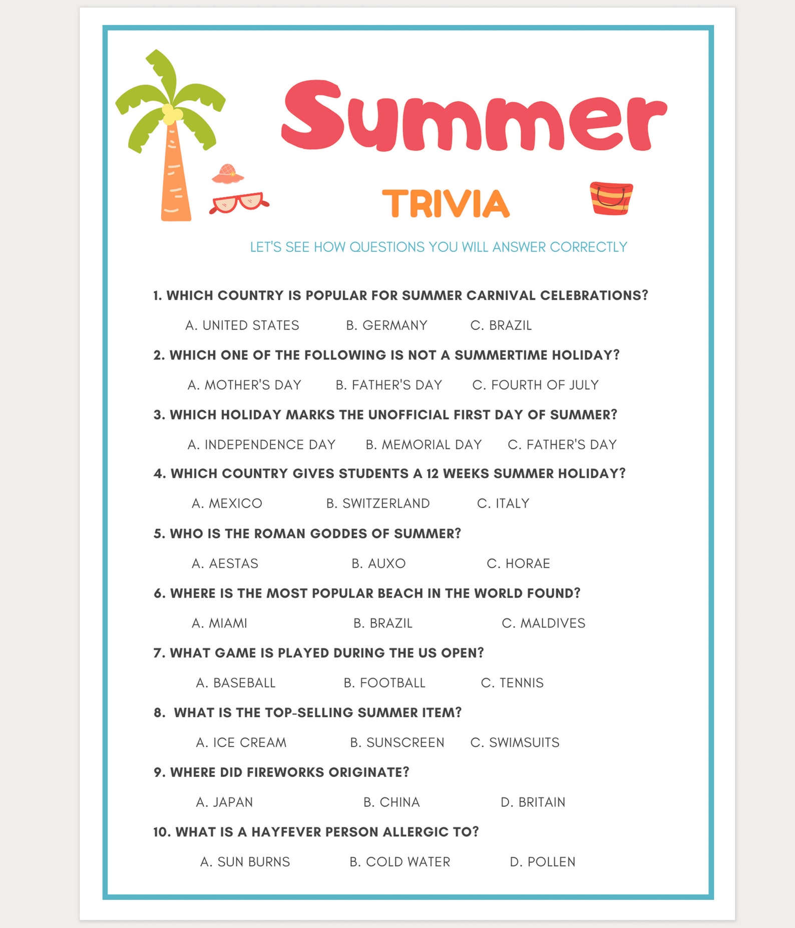 Summer Trivia, Summar Games, Summer Games for Kids & Adults, Summer ...