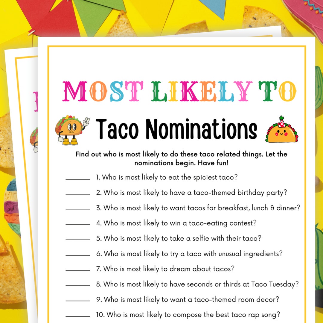 Taco Party Games, Who is Most Likely To, Taco Nominations Game, Taco ...