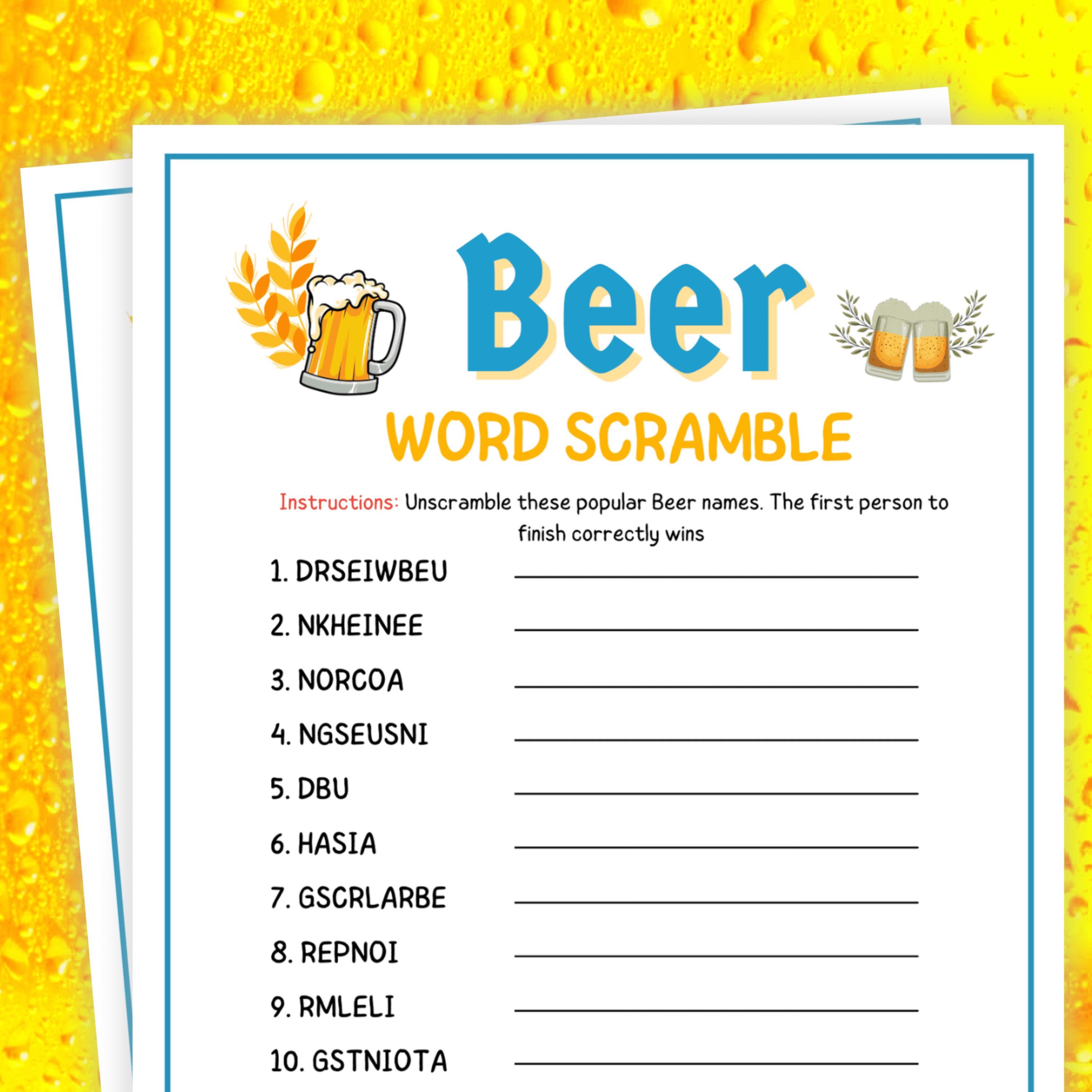 Beer Word Scramble, Drinking Party Games, Oktoberfest Games, Beer Party ...