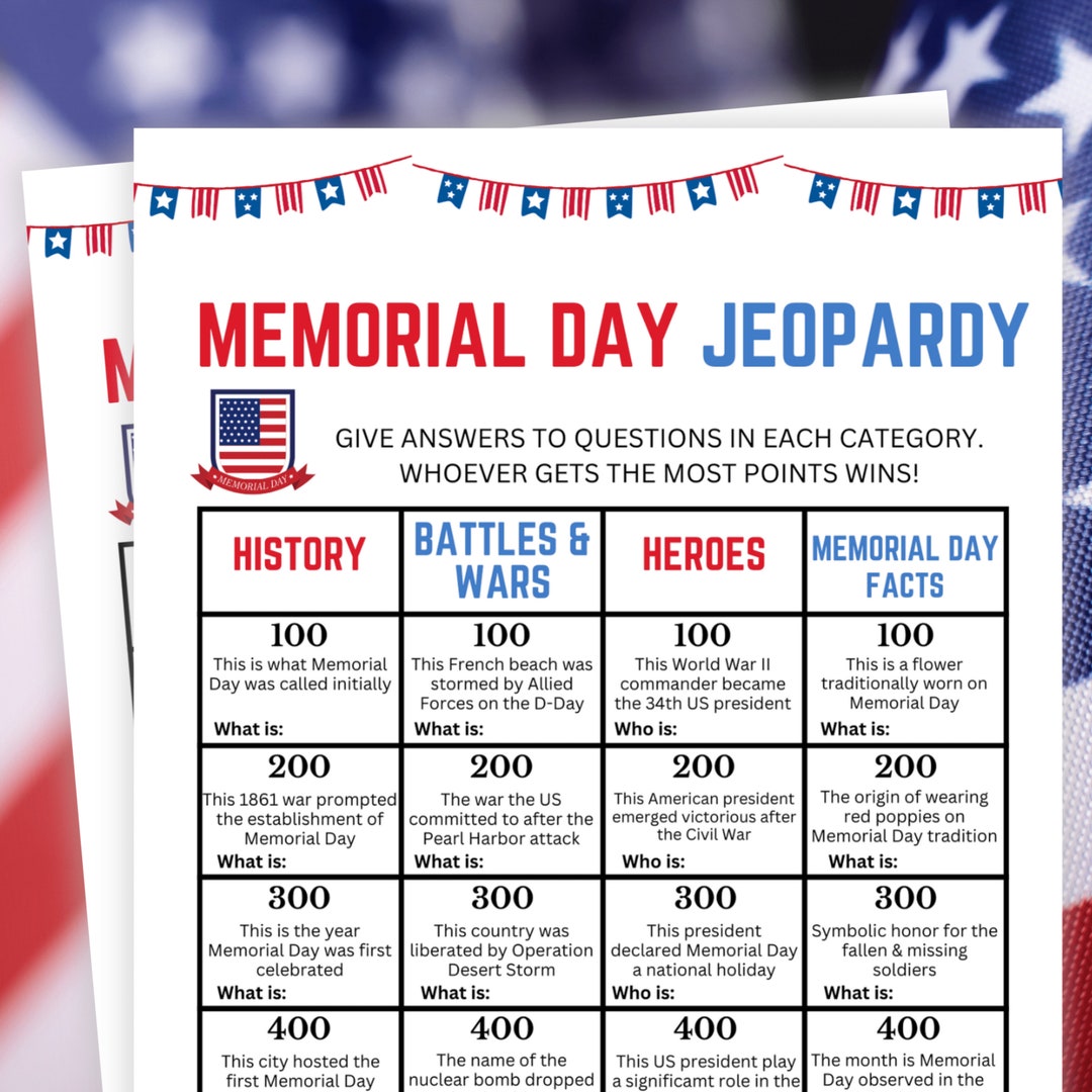 Memorial Day Games, Jeopardy, Trivia Games, Memorial Day Party Game for ...