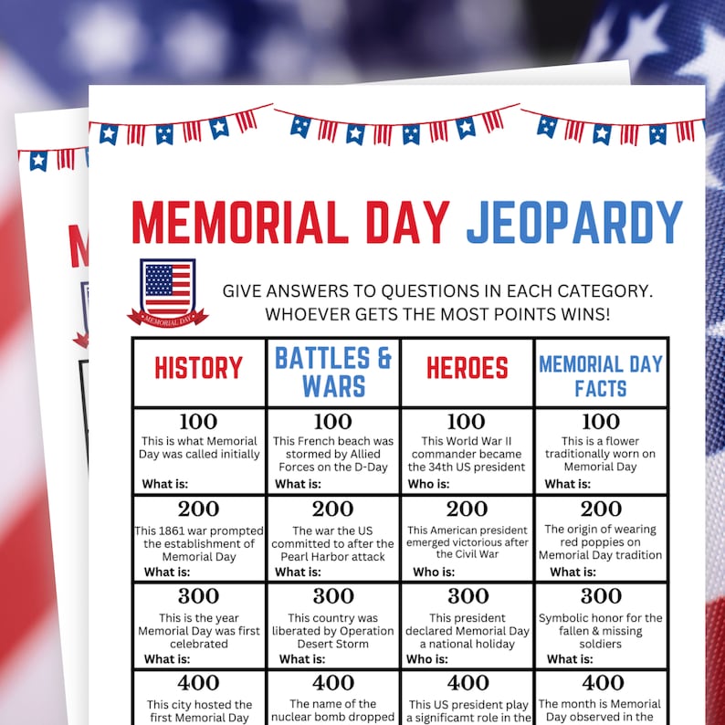 Memorial Day Games, Jeopardy, Trivia Games, Memorial Day Party Game for ...