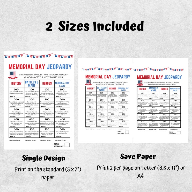 Memorial Day Games, Jeopardy, Trivia Games, Memorial Day Party Game for ...