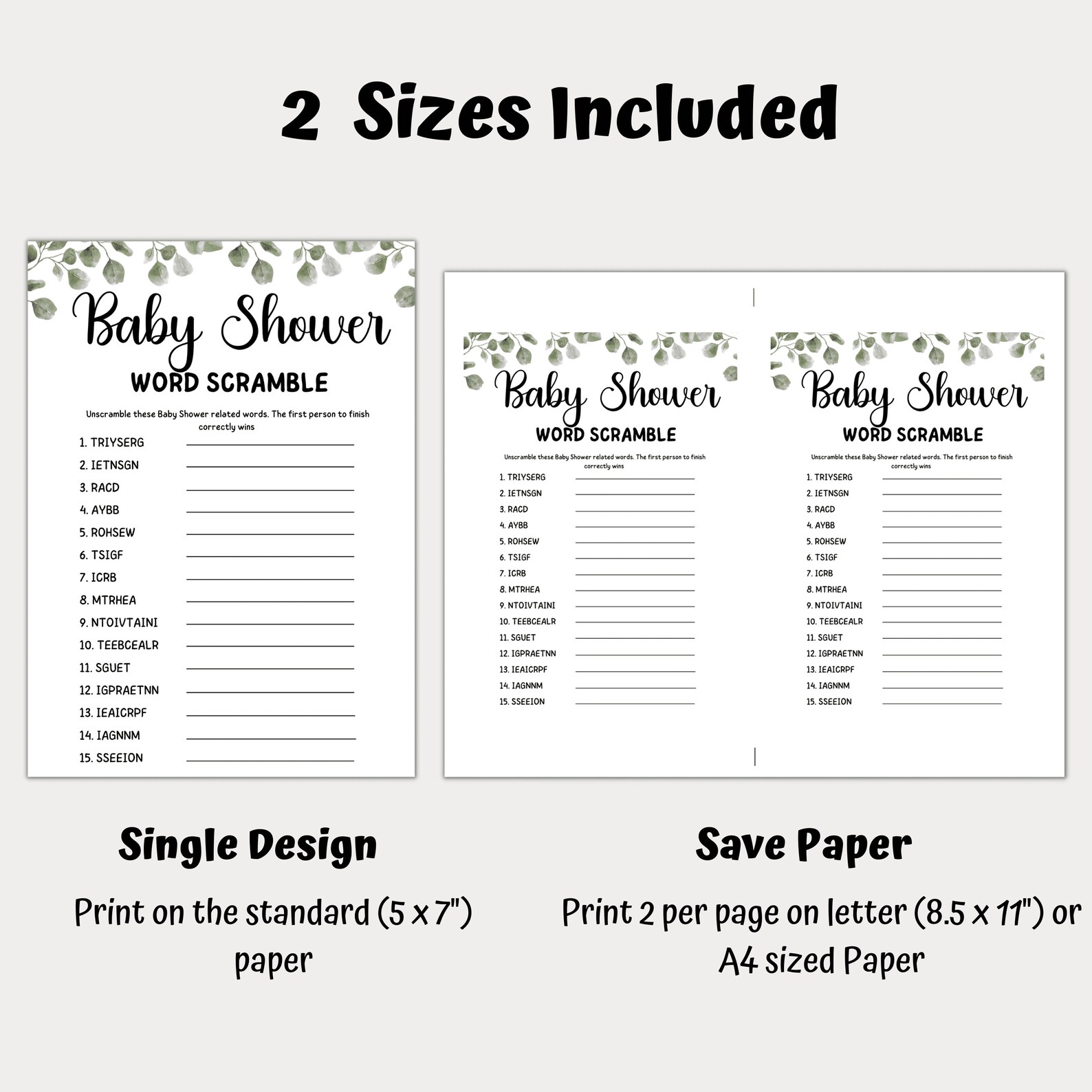 Baby Shower Games, Word Scramble, Baby Shower Party Games, Greenery ...