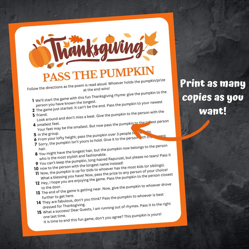 Thanksgiving Pass the Pumpkin Game, Thanksgiving Printable Game ...