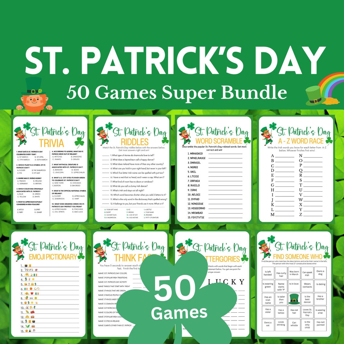 St Patricks Day Games, 50 Games SUPER Bundle, St Patrick's Day Party ...