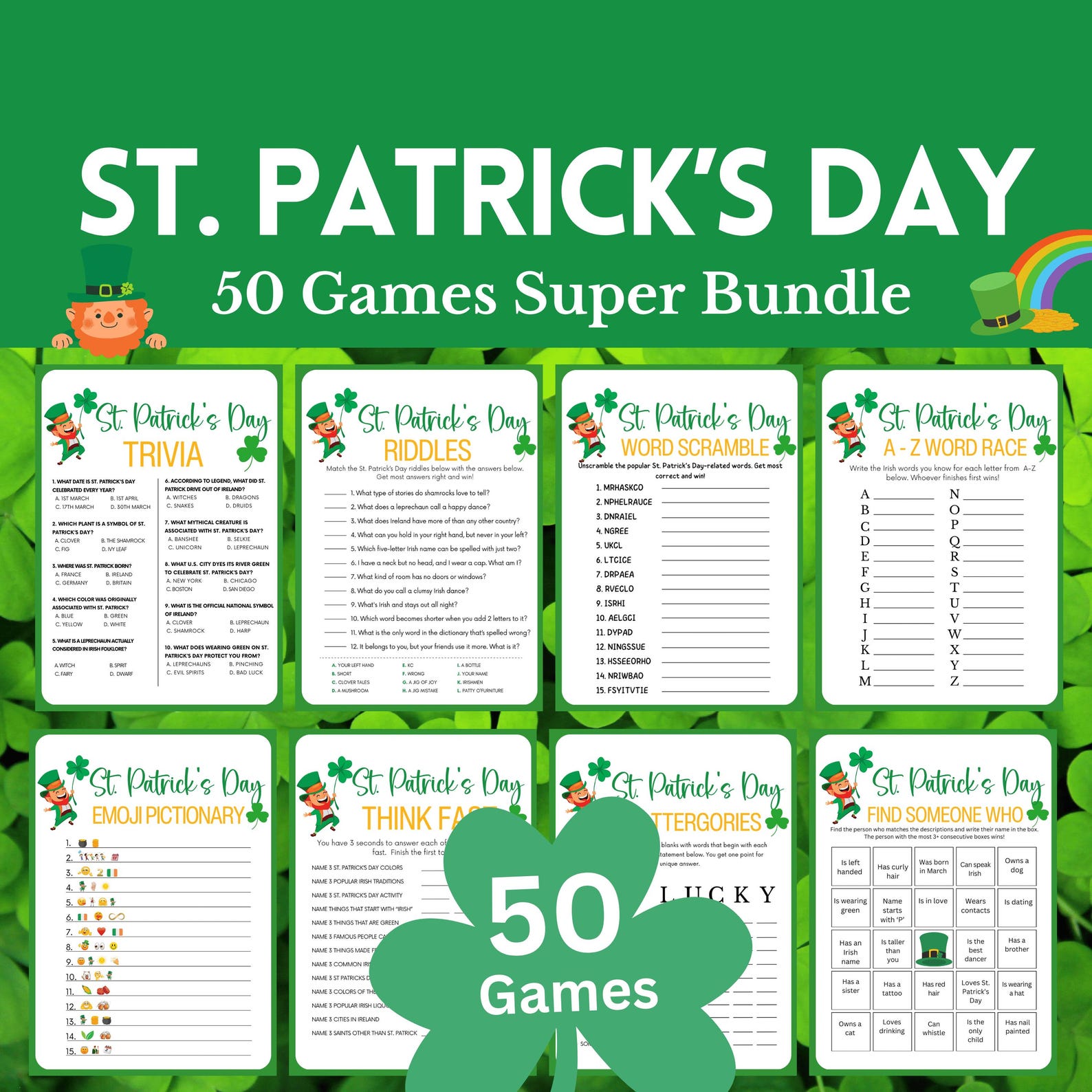 St Patricks Day Games, 50 Games SUPER Bundle, St Patrick's Day Party ...