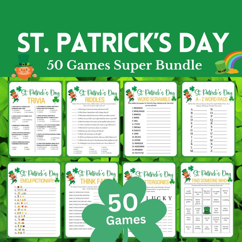 St Patricks Day Games, 50 Games SUPER Bundle, St Patrick's Day Party ...