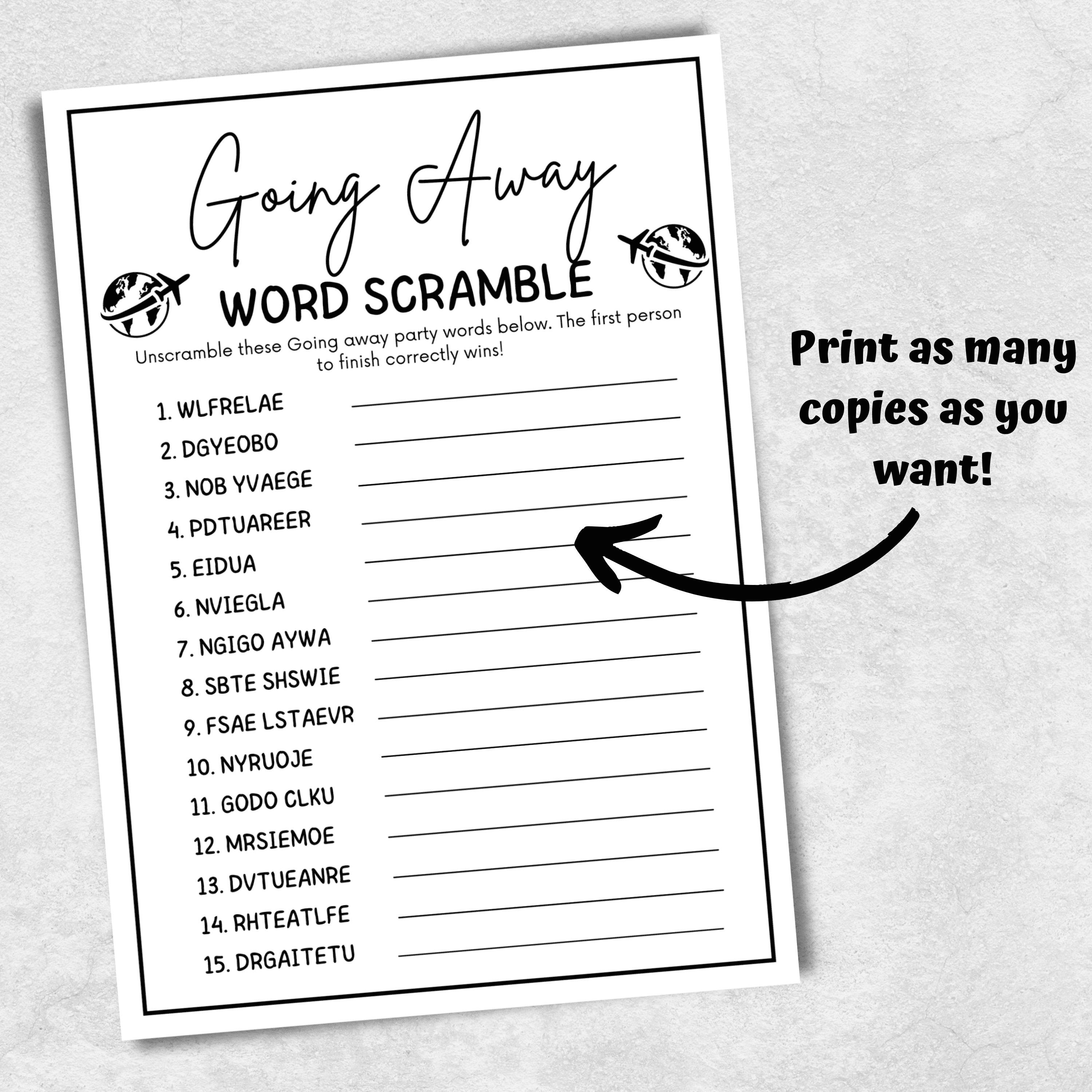 Going Away Party Games, Word Scramble, Going Away Games, Farewell ...