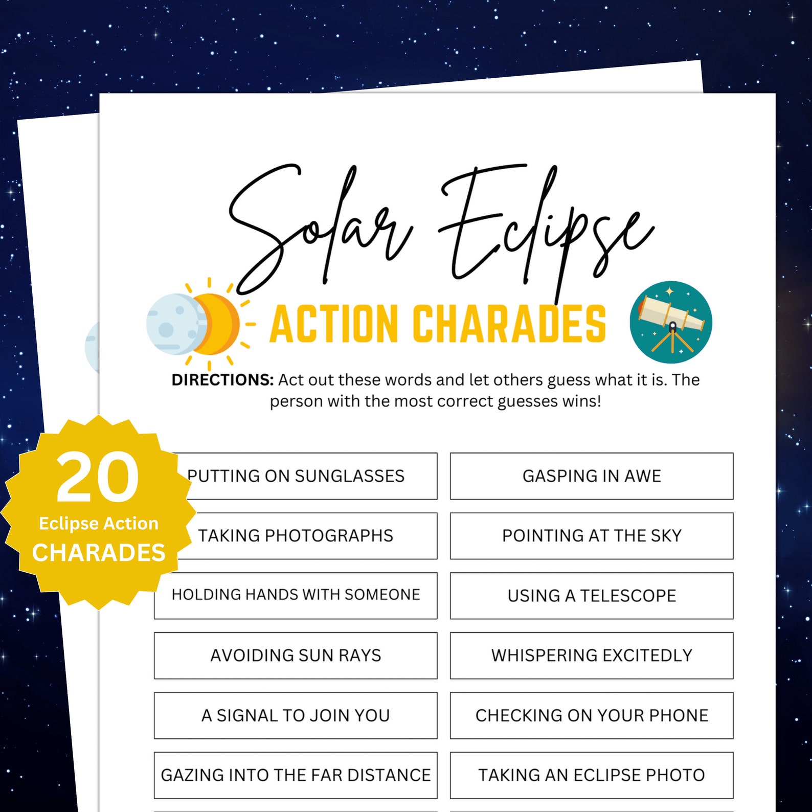 Solar Eclipse Action Charades, Eclipse Games for Kids and Adults, Solar ...