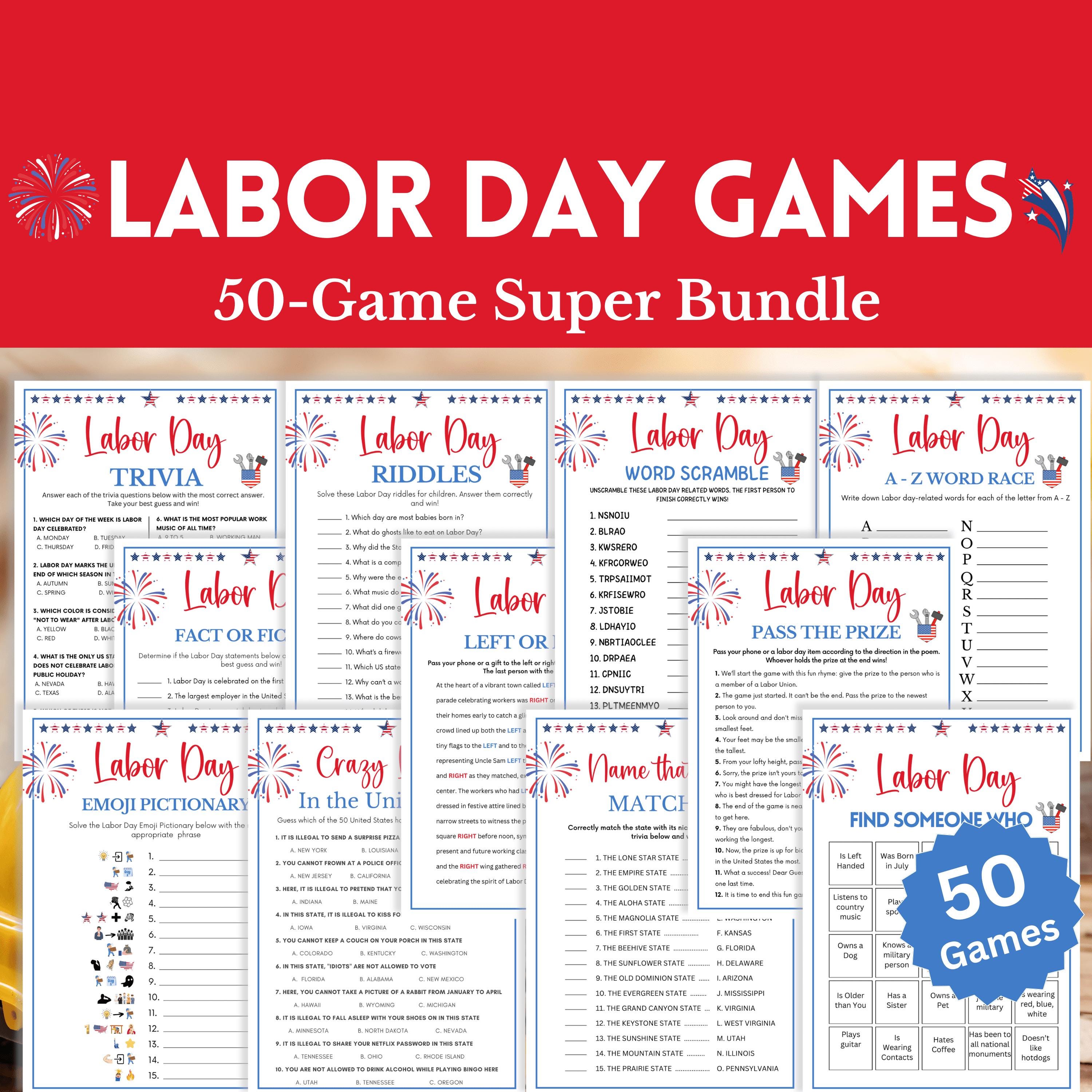 Labor Day Games, 50 Game SUPER Bundle, Labor Day Party Games, Patriotic ...