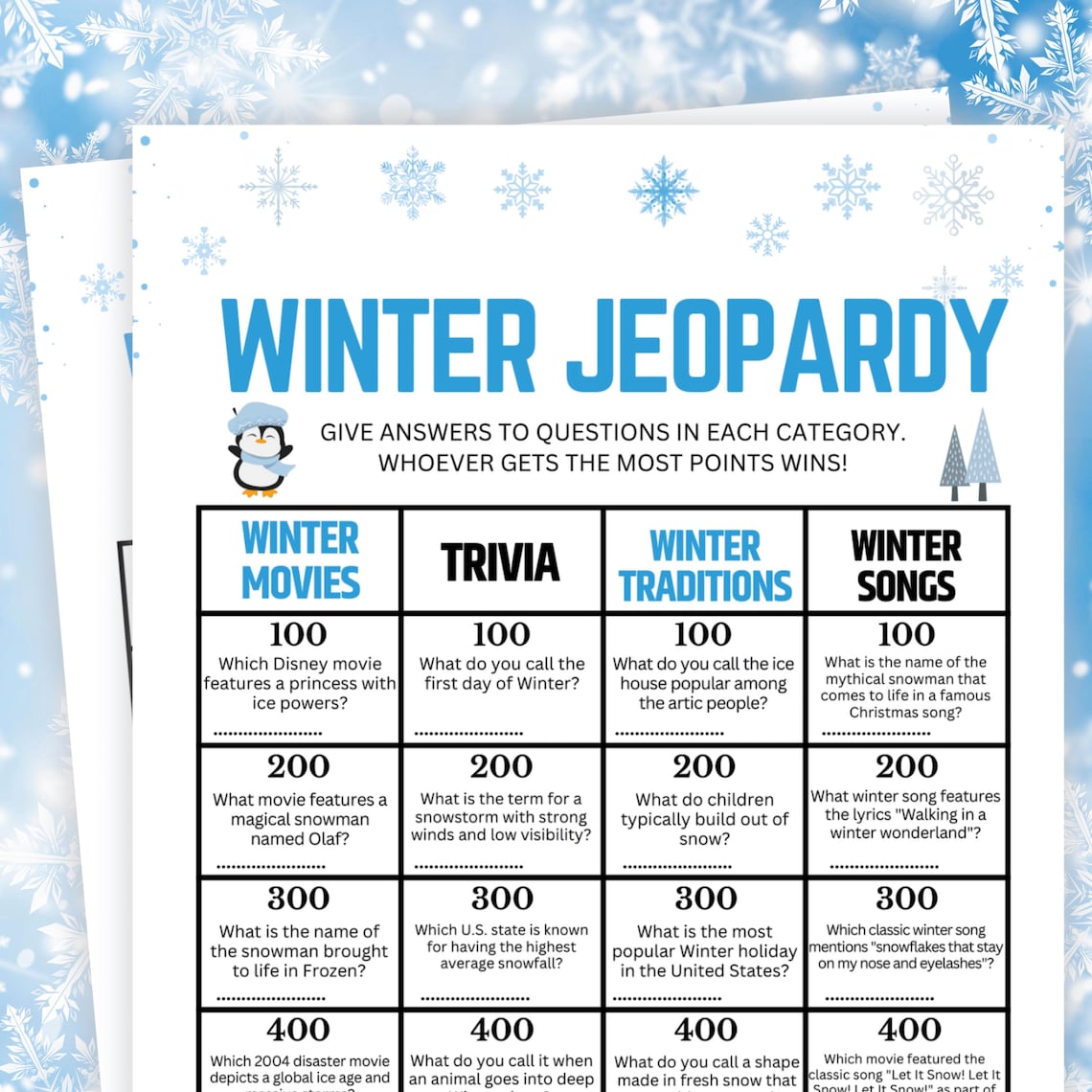 Winter Trivia Game, Winter Jeopardy, Winter Games, Winter Party Games ...