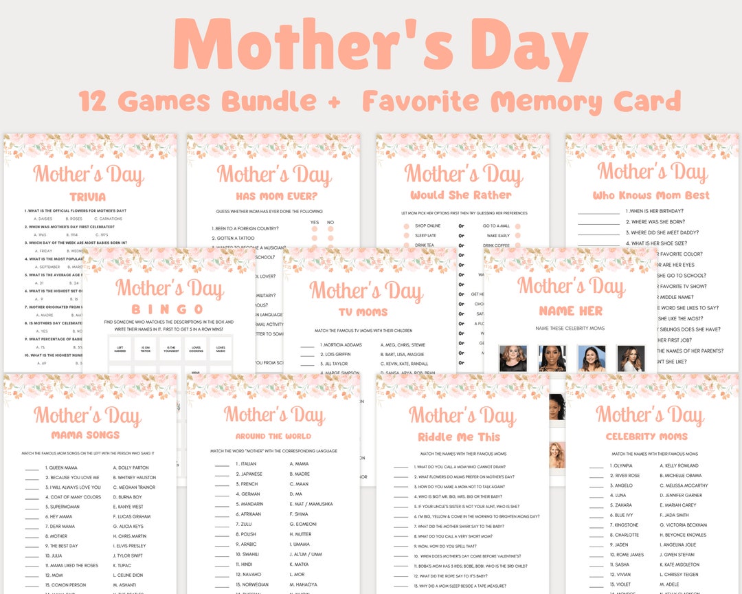 Floral Mother's Day Games Bundle, Printable Mothers Day Games for Kids ...