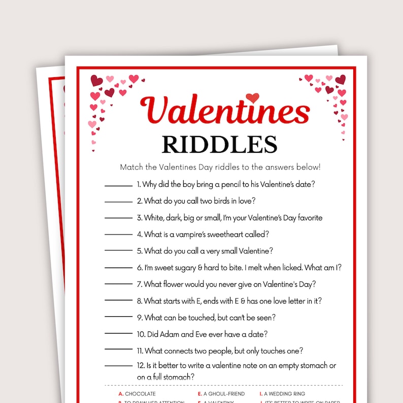 Valentines Day Riddles Game, Fun Valentines Day Games, Printable ...
