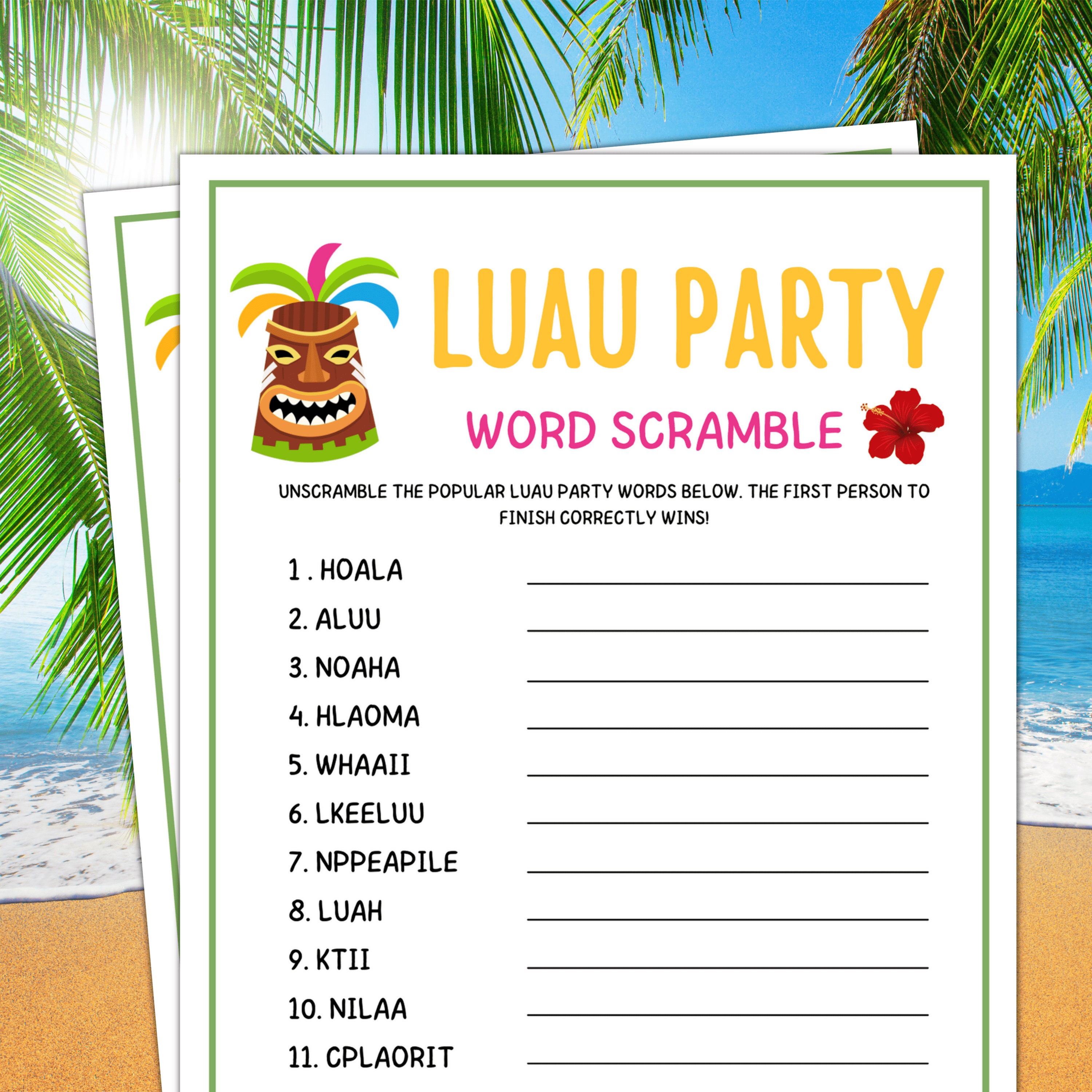 Luau Party Games, Luau Word Scramble, Luau Birthday Party Games, Aloha ...