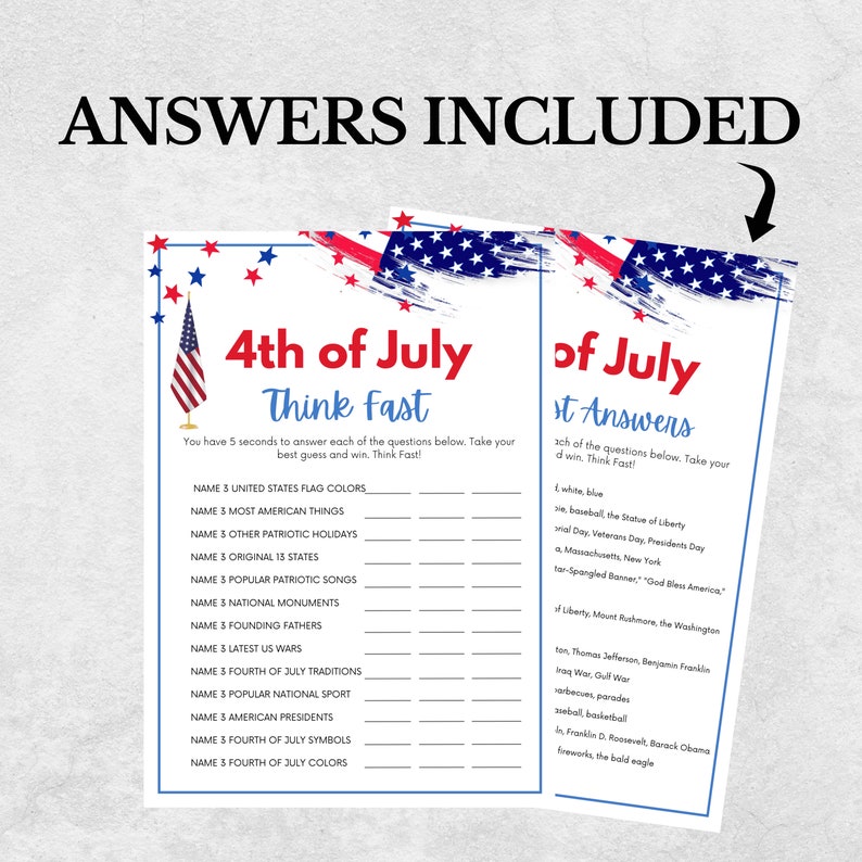4th of July Think Fast Game, 4th of July Games, Independence Day ...