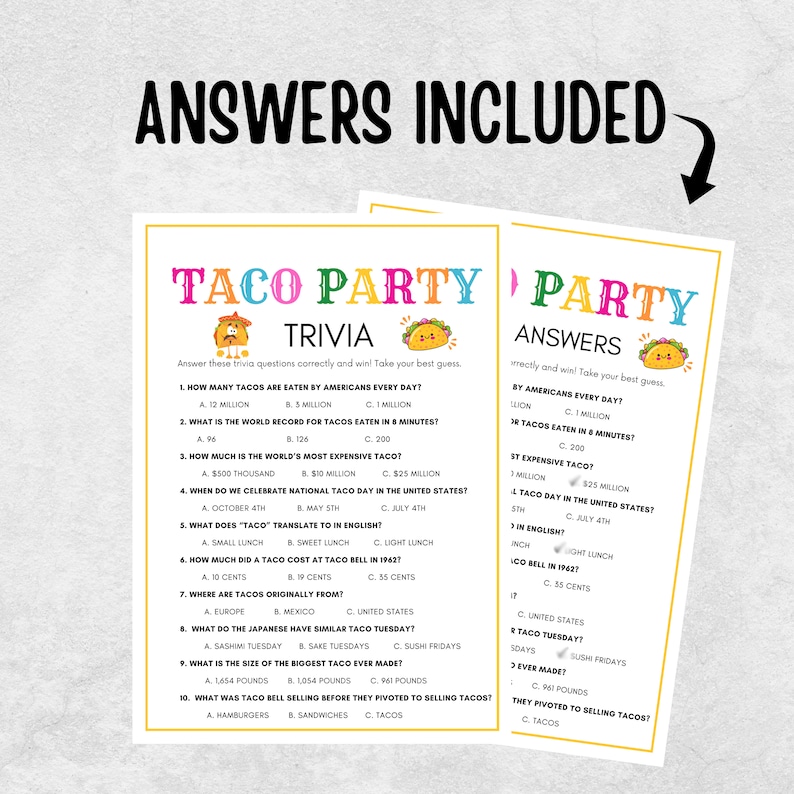 Taco Trivia, Taco Tuesday Games, Taco Themed Party Game for Kids ...