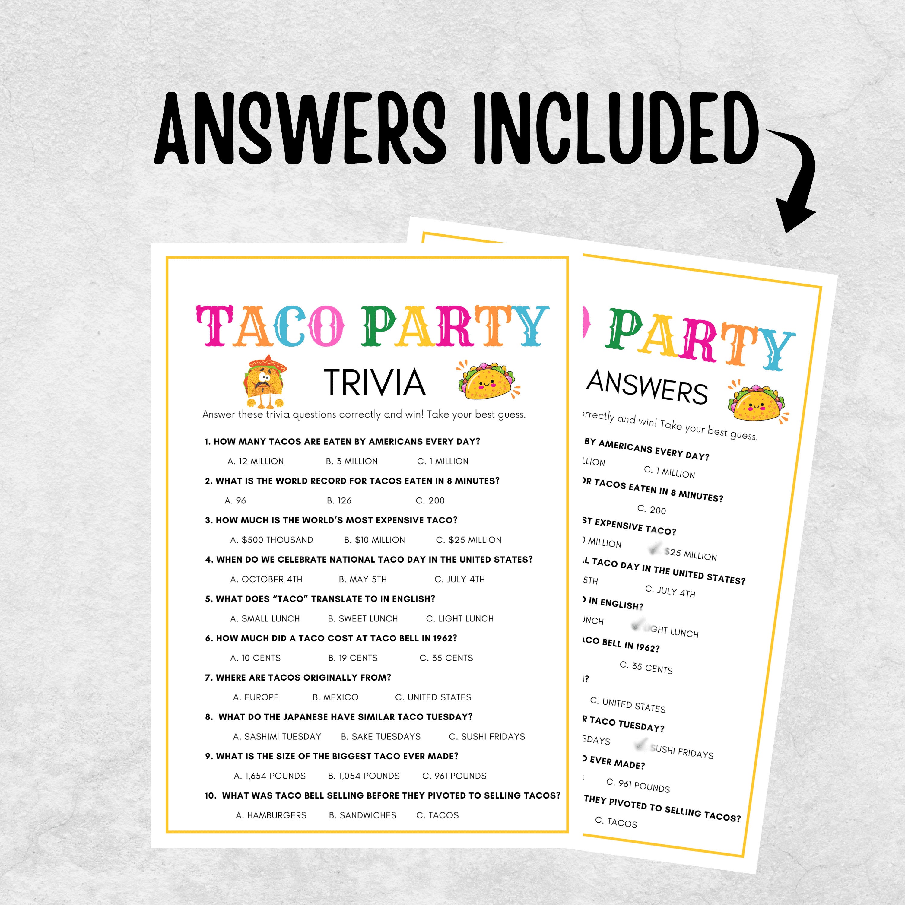 Taco Trivia, Taco Tuesday Games, Taco Themed Party Game for Kids ...