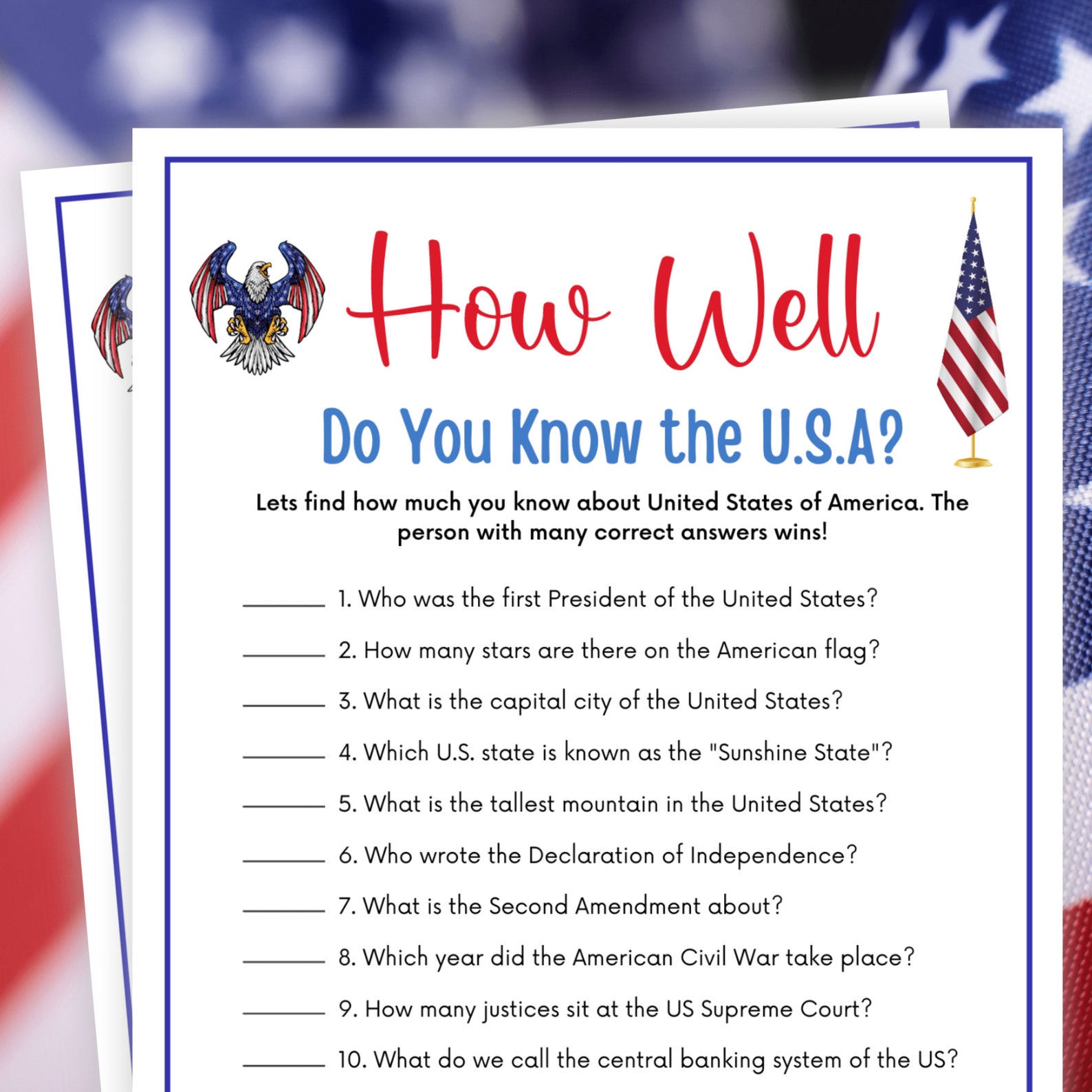 Patriotic Party Games How Well Do You Know the USA Patriotic Trivia ...