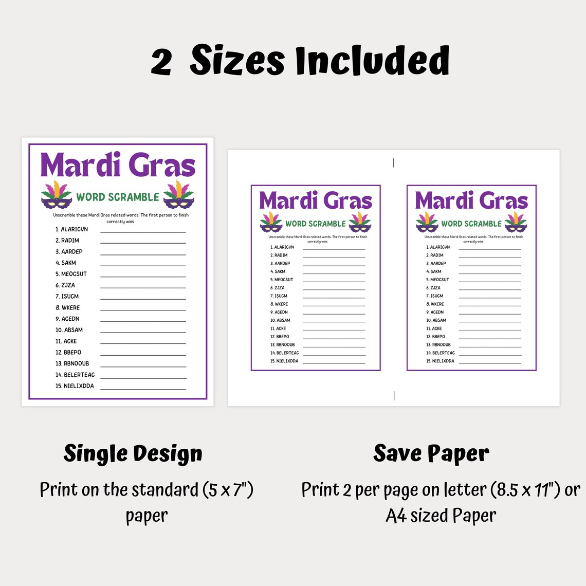 Mardi Gras Word Scramble Mardi Gras Games Printable Mardi Gras Party ...