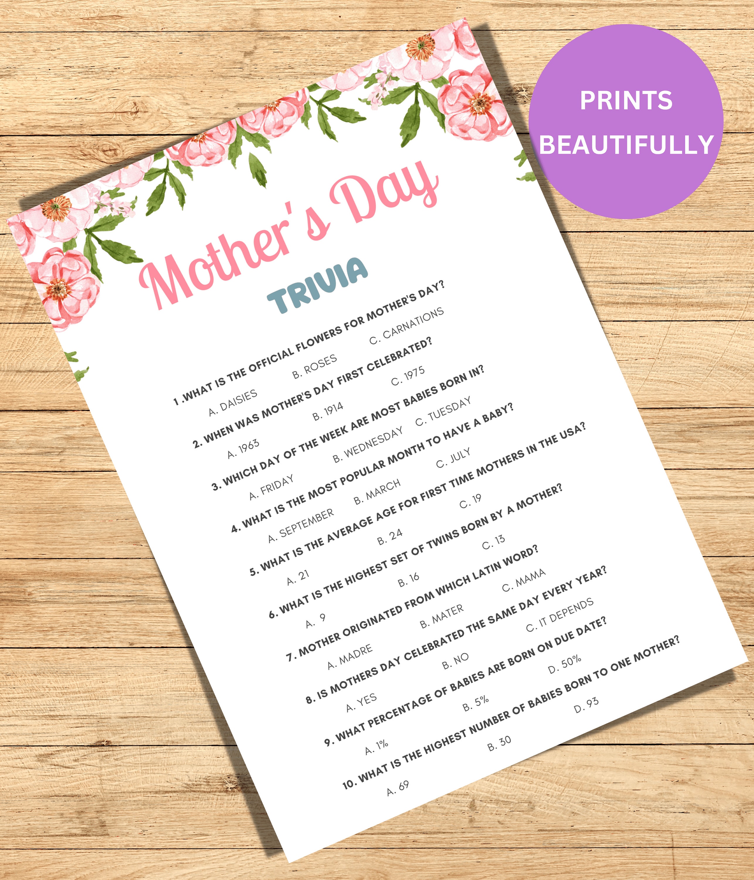Mothers Day Games Mother's Day Trivia Games for Mom - Etsy