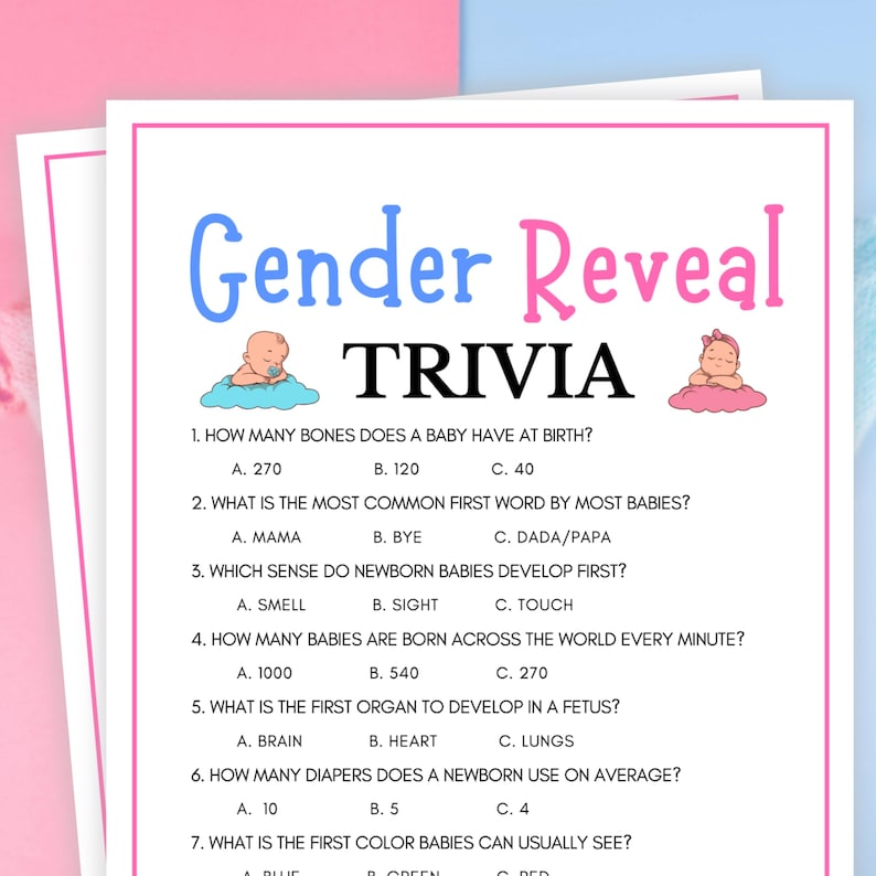 Gender Reveal Trivia, Gender Reveal Games, Blue Pink Gender Reveal ...