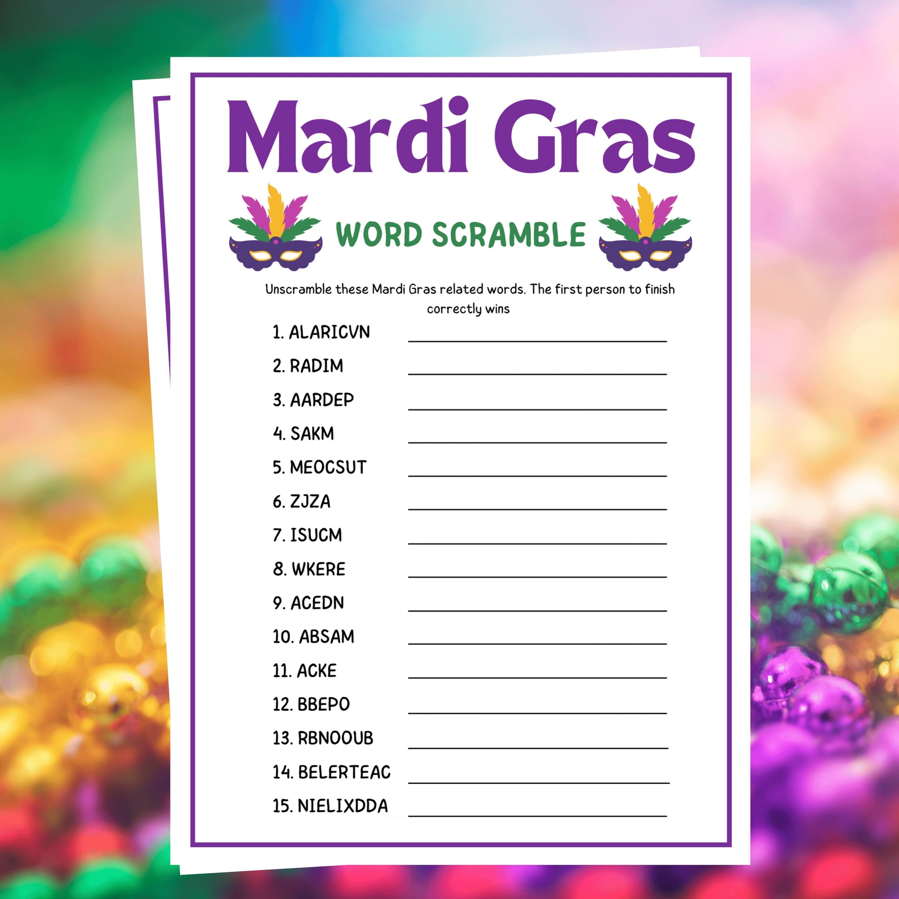 Mardi Gras Word Scramble Mardi Gras Games Printable Mardi Gras Party ...