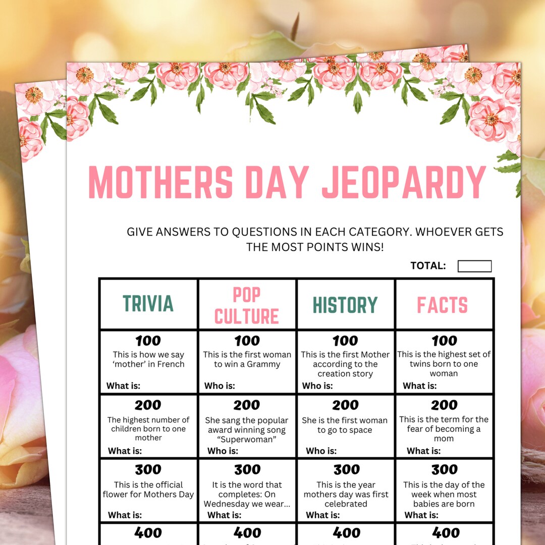 Mothers Day Trivia, Jeopardy, Mothers Day Party Games for Seniors, Kids ...