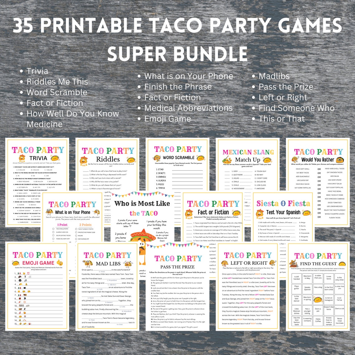 Taco Party Games, 35 Game SUPER Bundle, Taco Tuesday Games, Taco Party ...