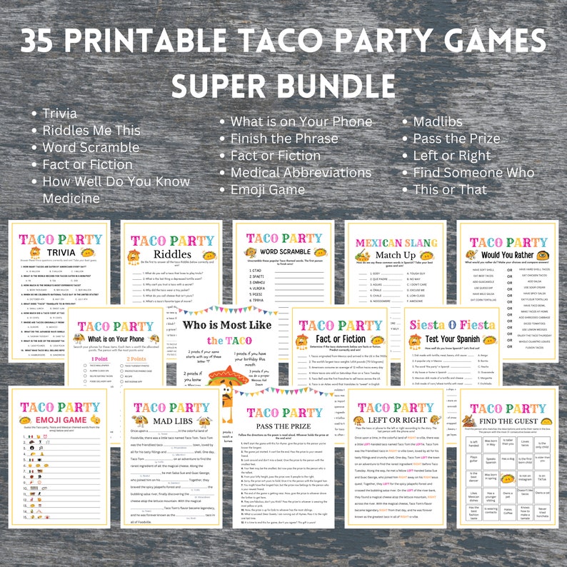 Taco Party Games, 35 Game SUPER Bundle, Taco Tuesday Games, Taco Party ...