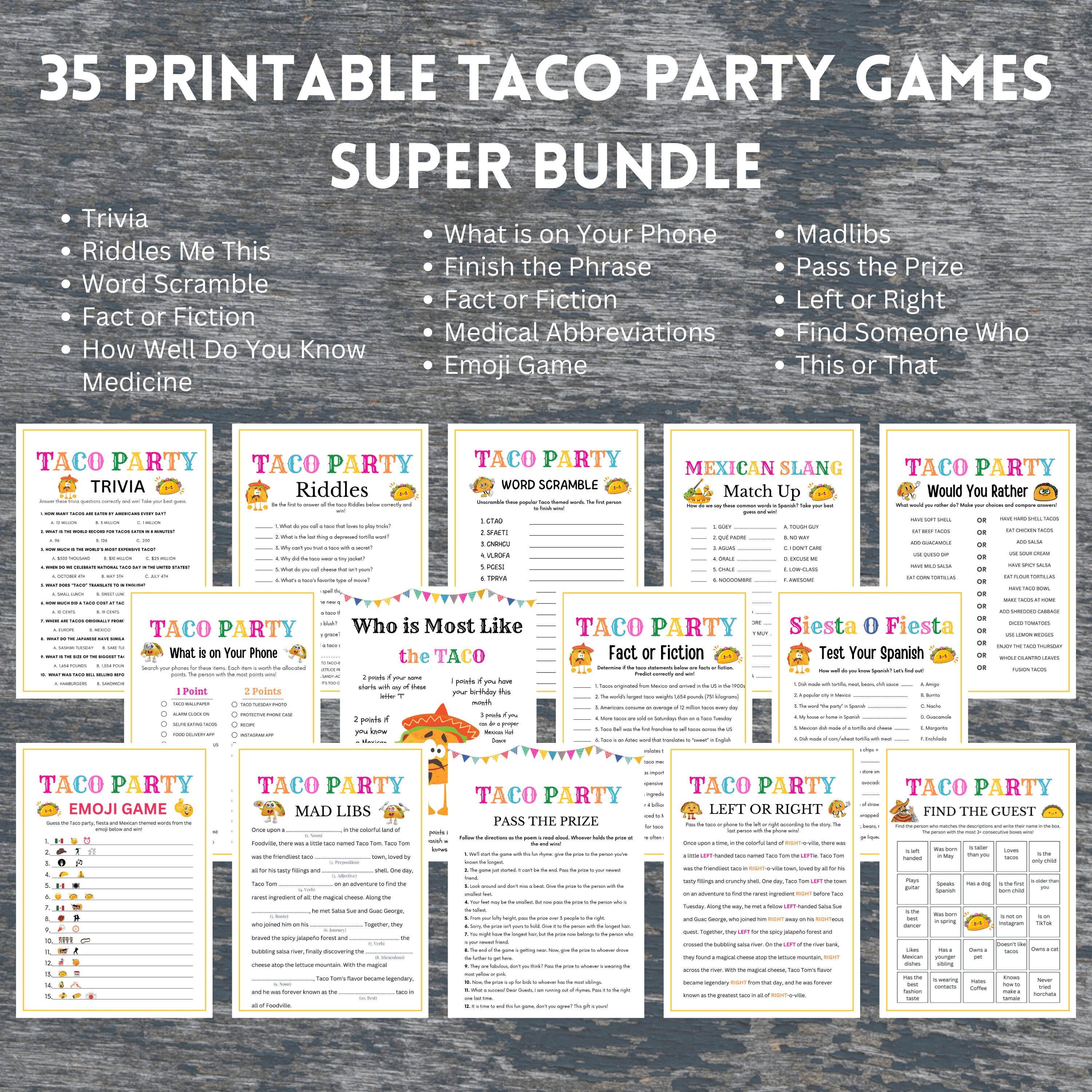 Taco Party Games, 35 Game SUPER Bundle, Taco Tuesday Games, Taco Party ...