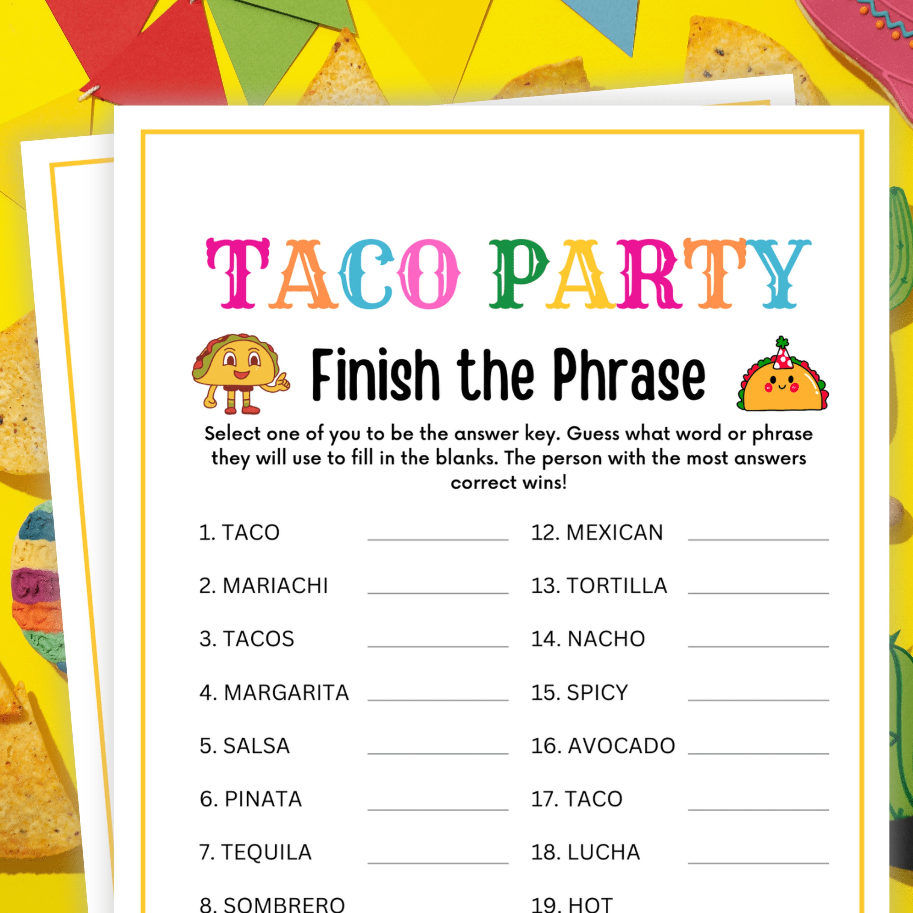 Taco Party Games, Finish the Phrase, Taco Games, Taco Tuesday Games ...