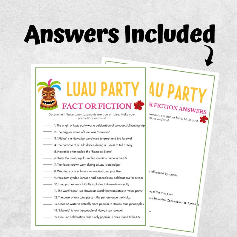 Luau Trivia, Fact or Fiction, Luau Party Games, Aloha Party Games ...