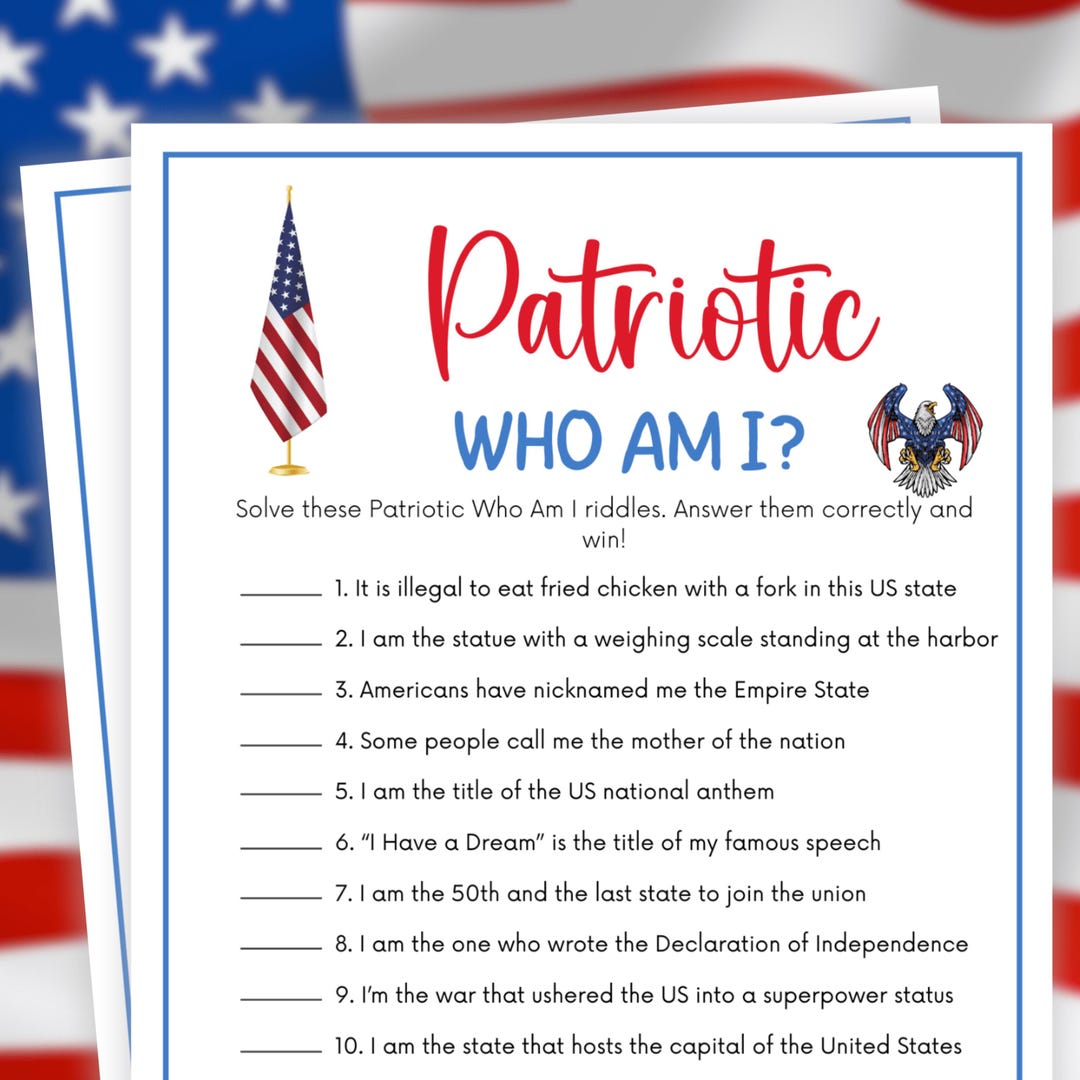 Patriotic Riddles, Who Am I, Patriotic Party Games, Patriotic Birthday ...