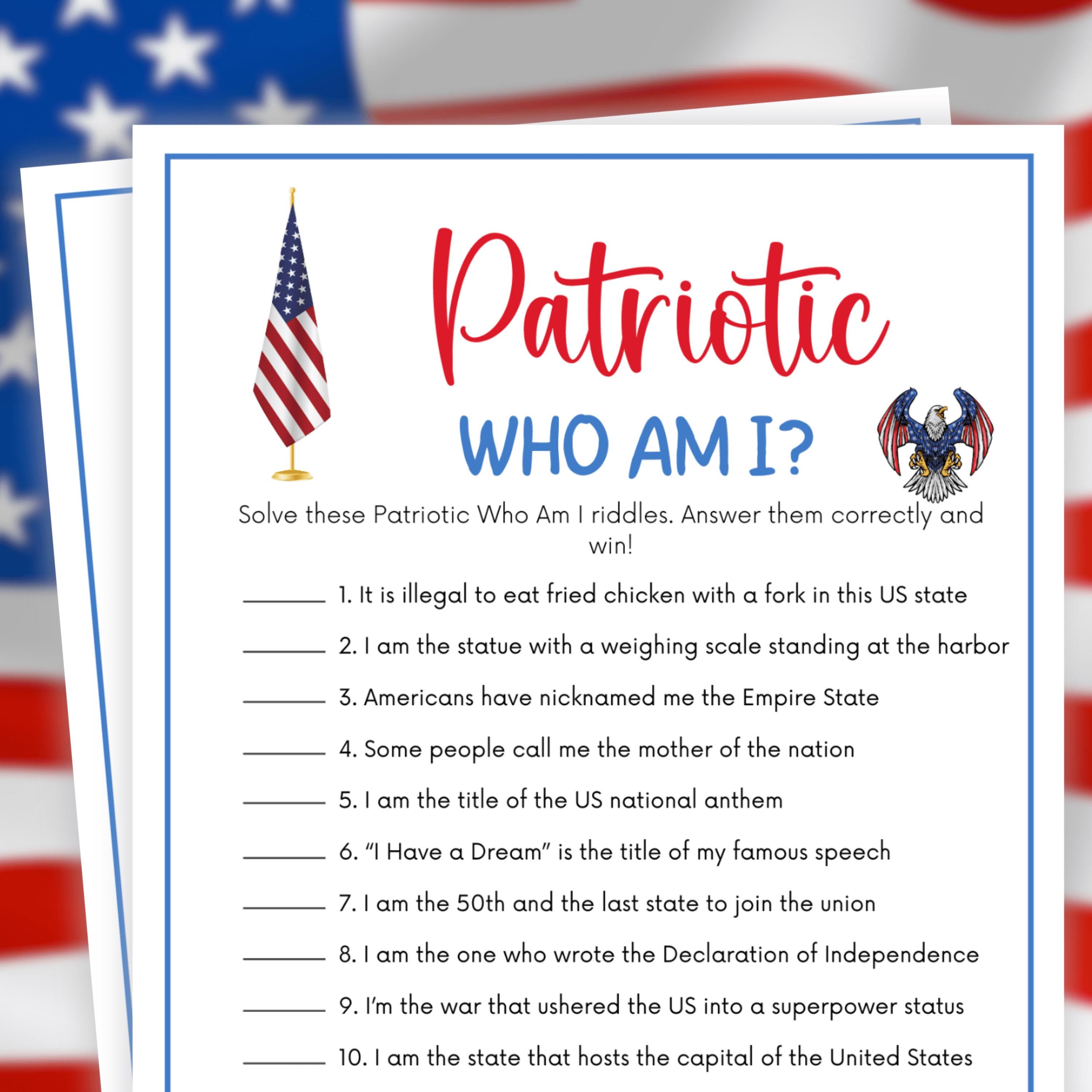 Patriotic Riddles, Who Am I, Patriotic Party Games, Patriotic Birthday ...