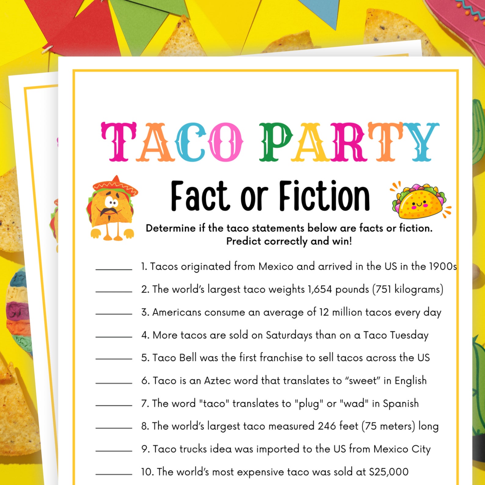 Taco Party Games, Fact or Fiction, Taco Trivia, Taco Tuesday Games ...