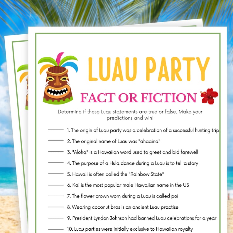 Luau Trivia, Fact or Fiction, Luau Party Games, Aloha Party Games ...
