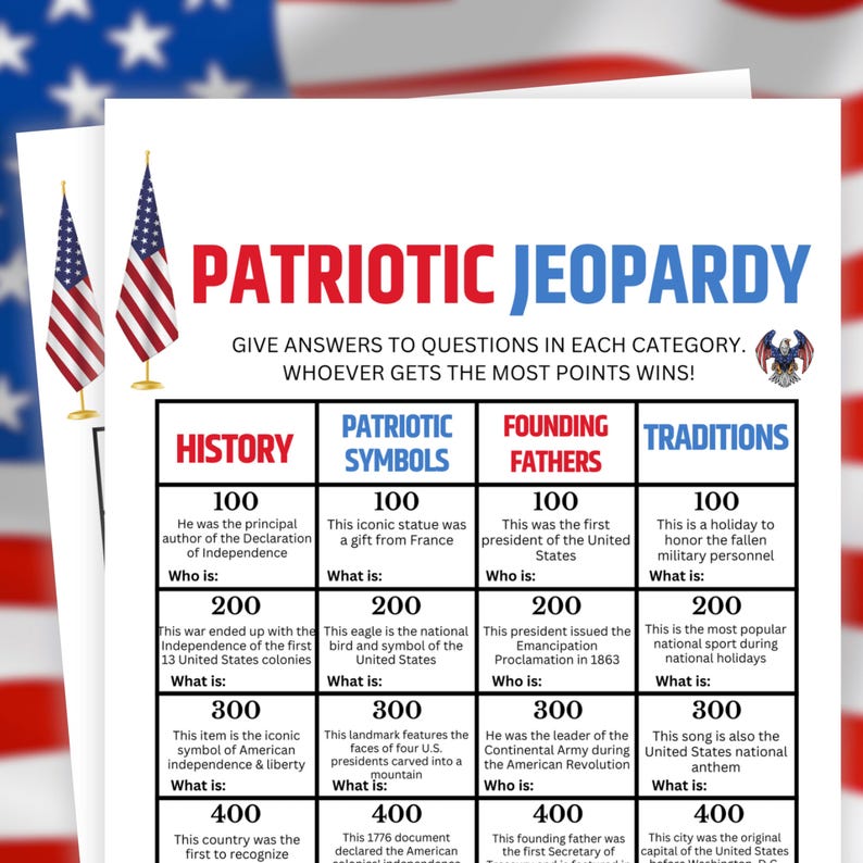 Patriotic Games, Patriotic Jeopardy, Patriotic Party Games, Printable ...