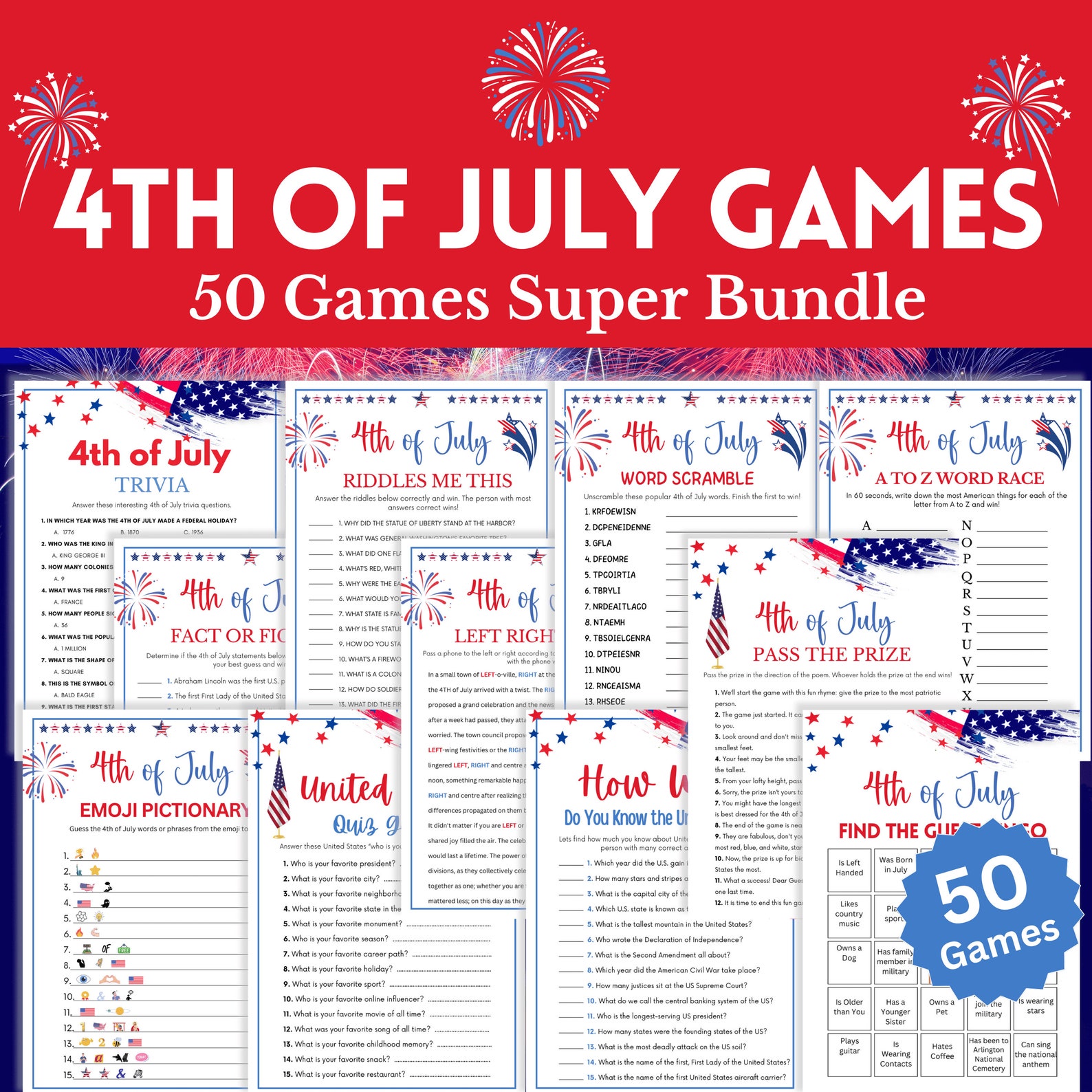 4th of July Games Bundle, 50 Game SUPER Bundle, Fourth of July Party ...
