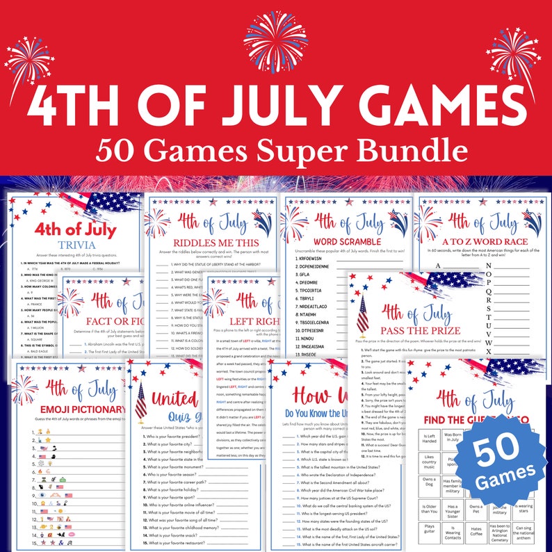 4th of July Games Bundle, 50 Game SUPER Bundle, Fourth of July Party ...