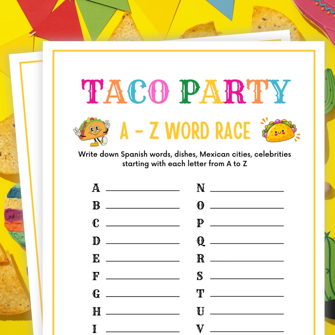 Taco Party Games, A to Z Word Race, Taco Themed Party Games for Kids ...