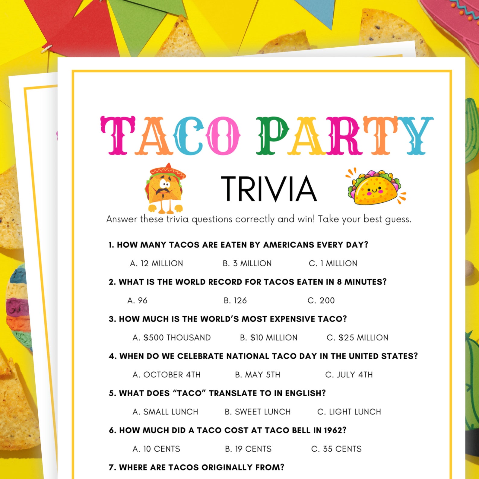 Taco Trivia, Taco Games, Taco Tuesday Games, Taco Themed Party Game for ...