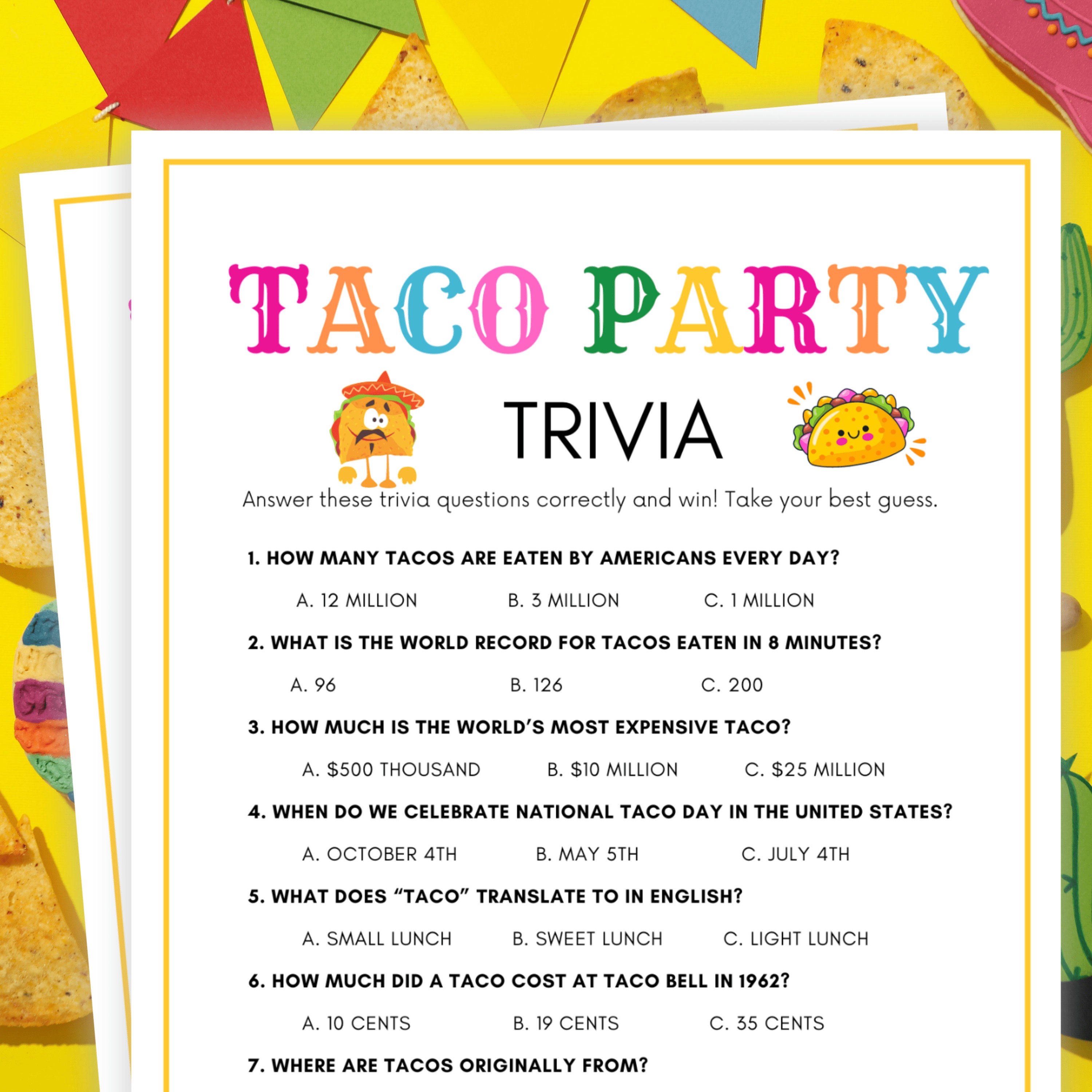 Taco Trivia, Taco Tuesday Games, Taco Themed Party Game for Kids ...