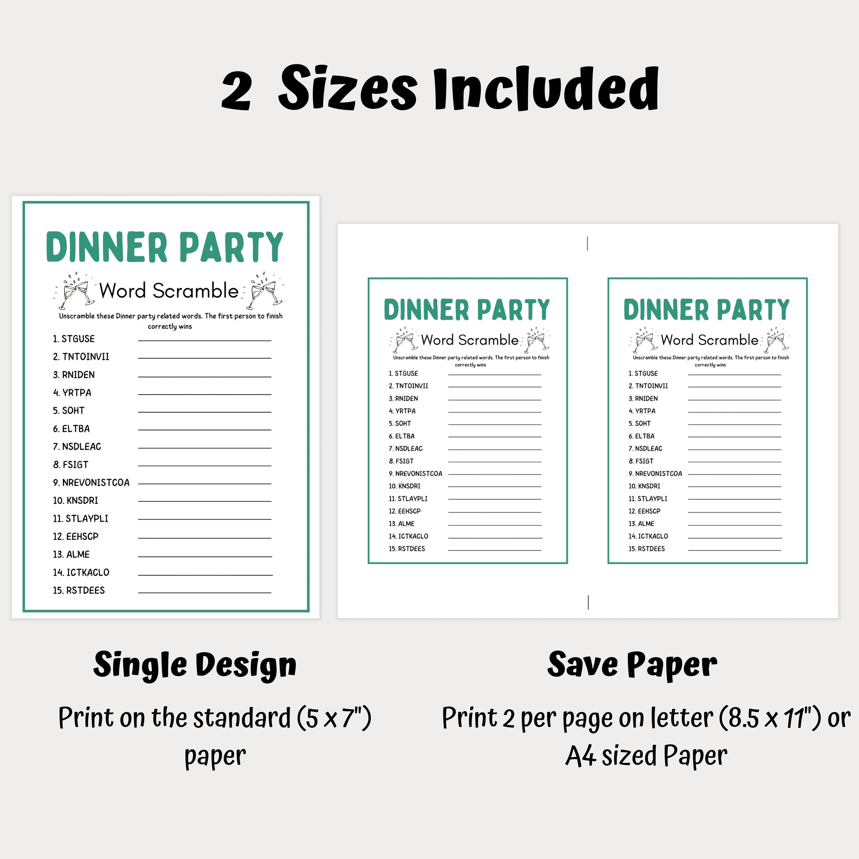 Dinner Party Word Scramble Printable Dinner Party Games Dinner Table ...