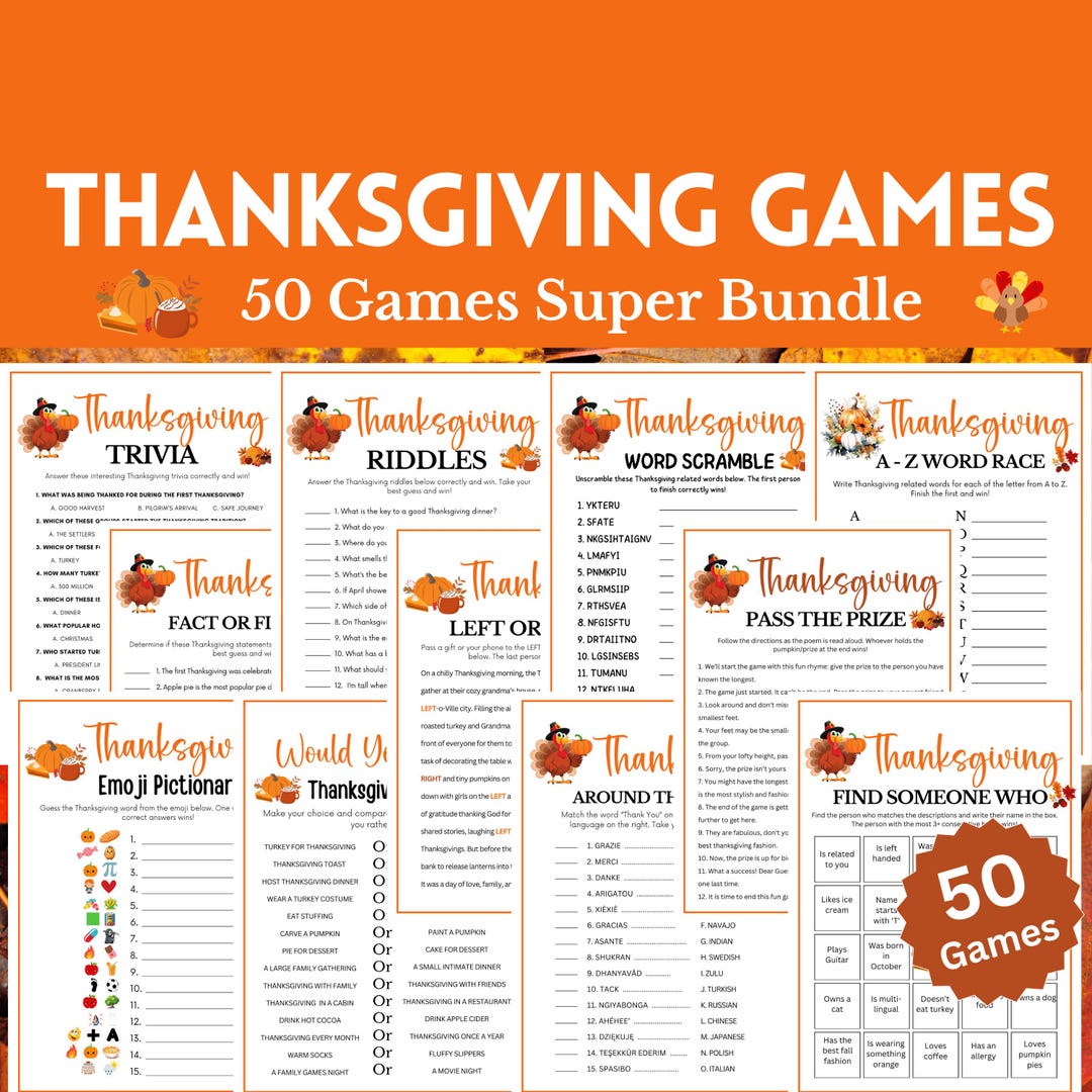 Thanksgiving Games, 50 Game SUPER Bundle, Thanksgiving Party Games ...