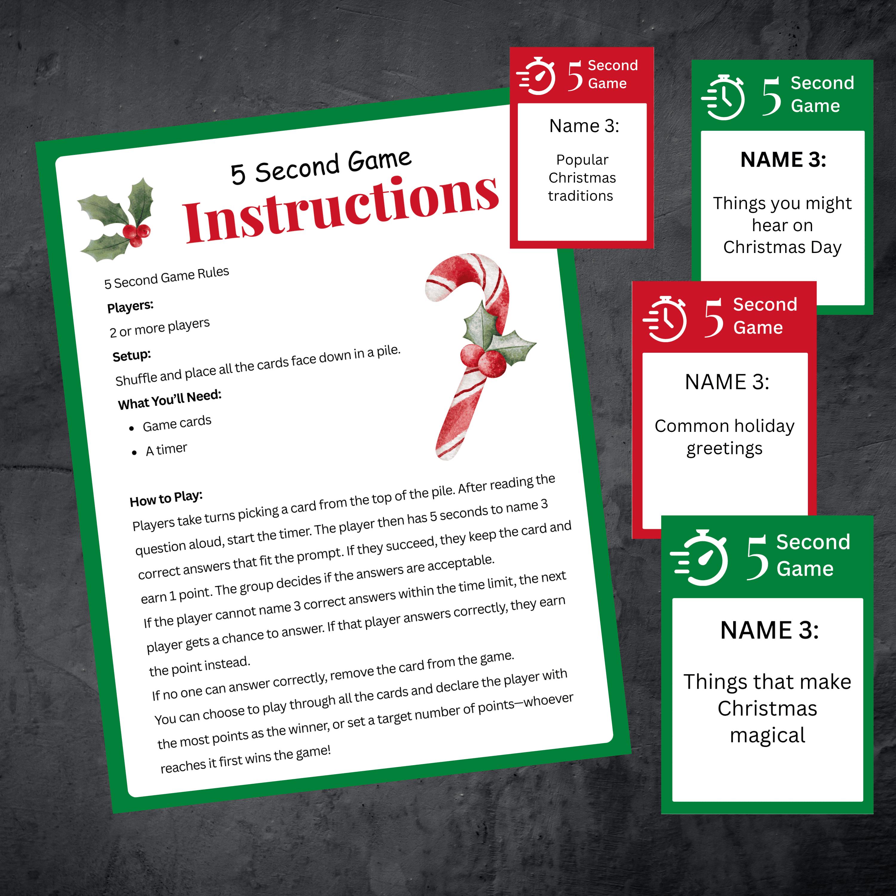 Christmas 5 Second Game, Printable Christmas Game, Christmas Party Game ...